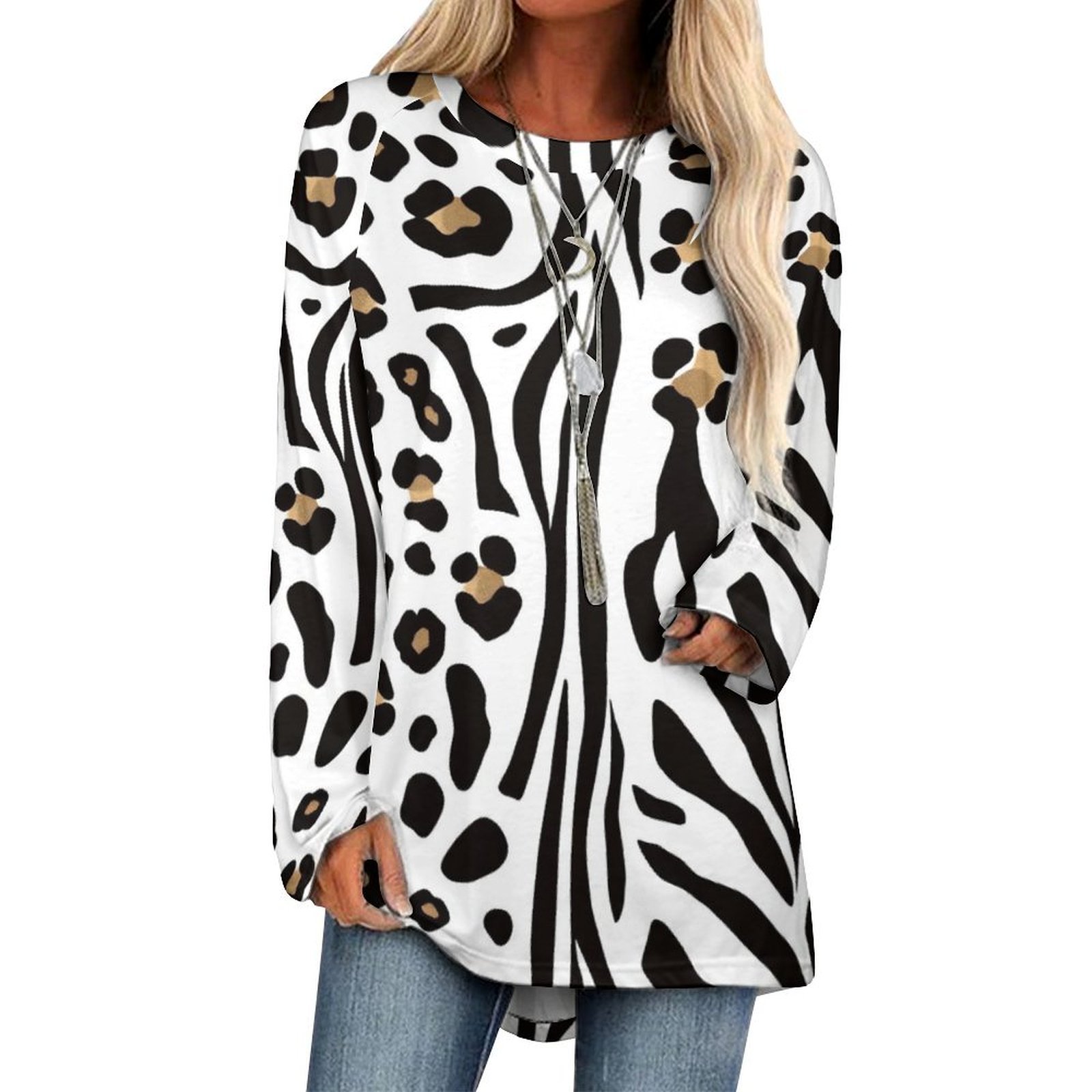 Loose Long Sleeve Crew Neck T-Shirt Wild Animal Print 3D Print Women's ...