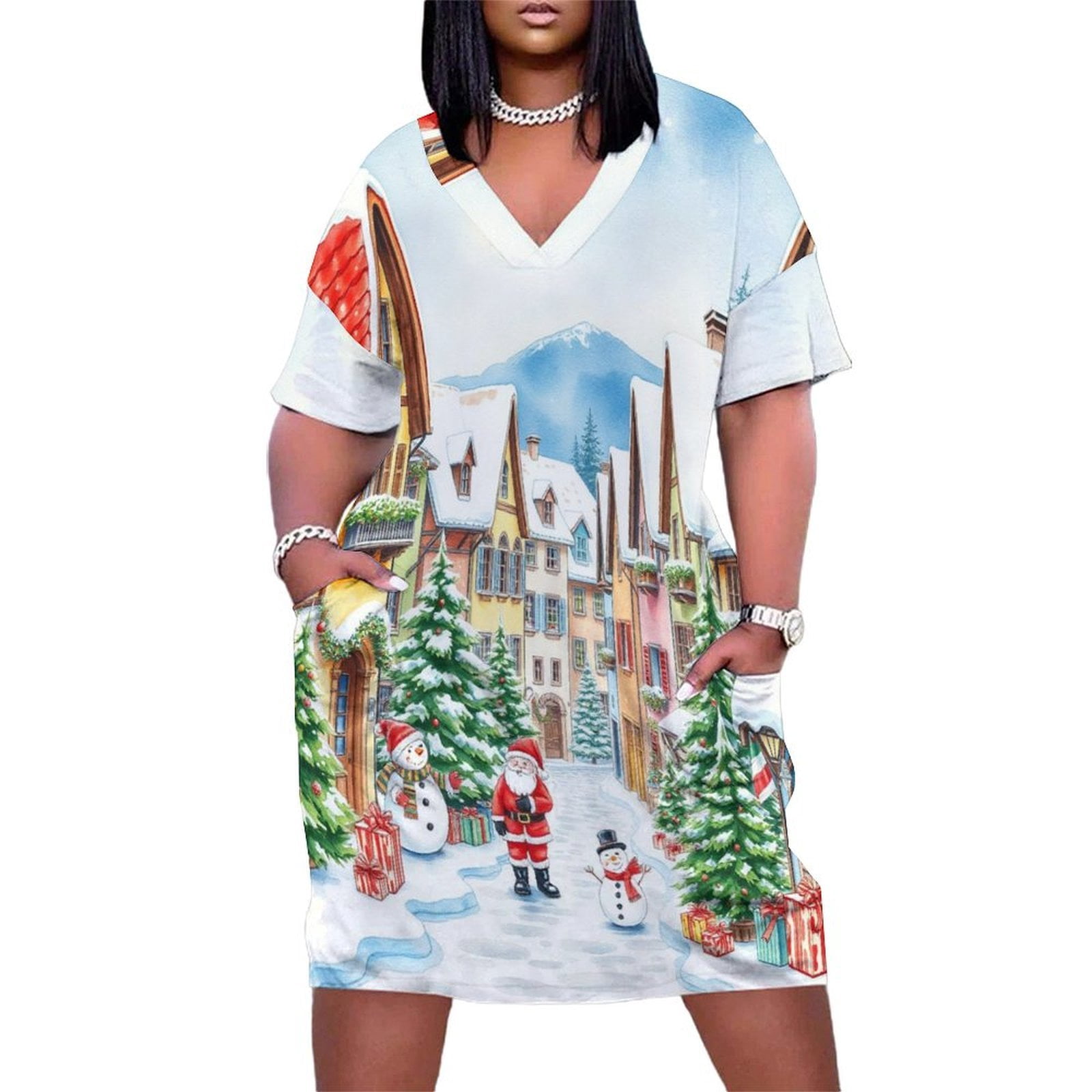 Loose Pocket Dress Christmas Village Scene Dresses for Woman Dresses ...