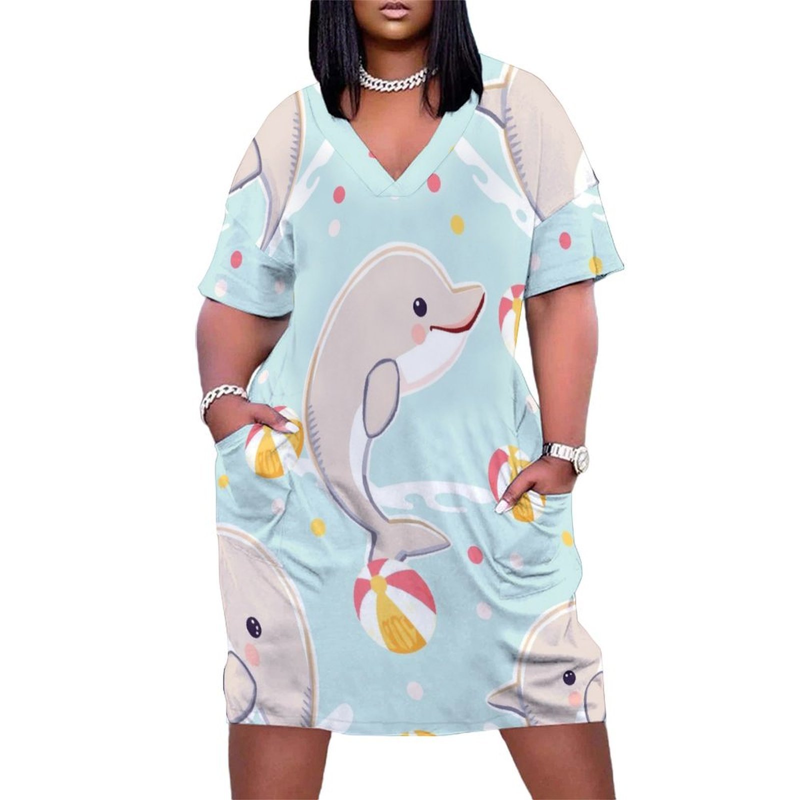 Loose Pocket Dress Cute Dolphin Ball Pattern Dresses for Woman Dresses ...