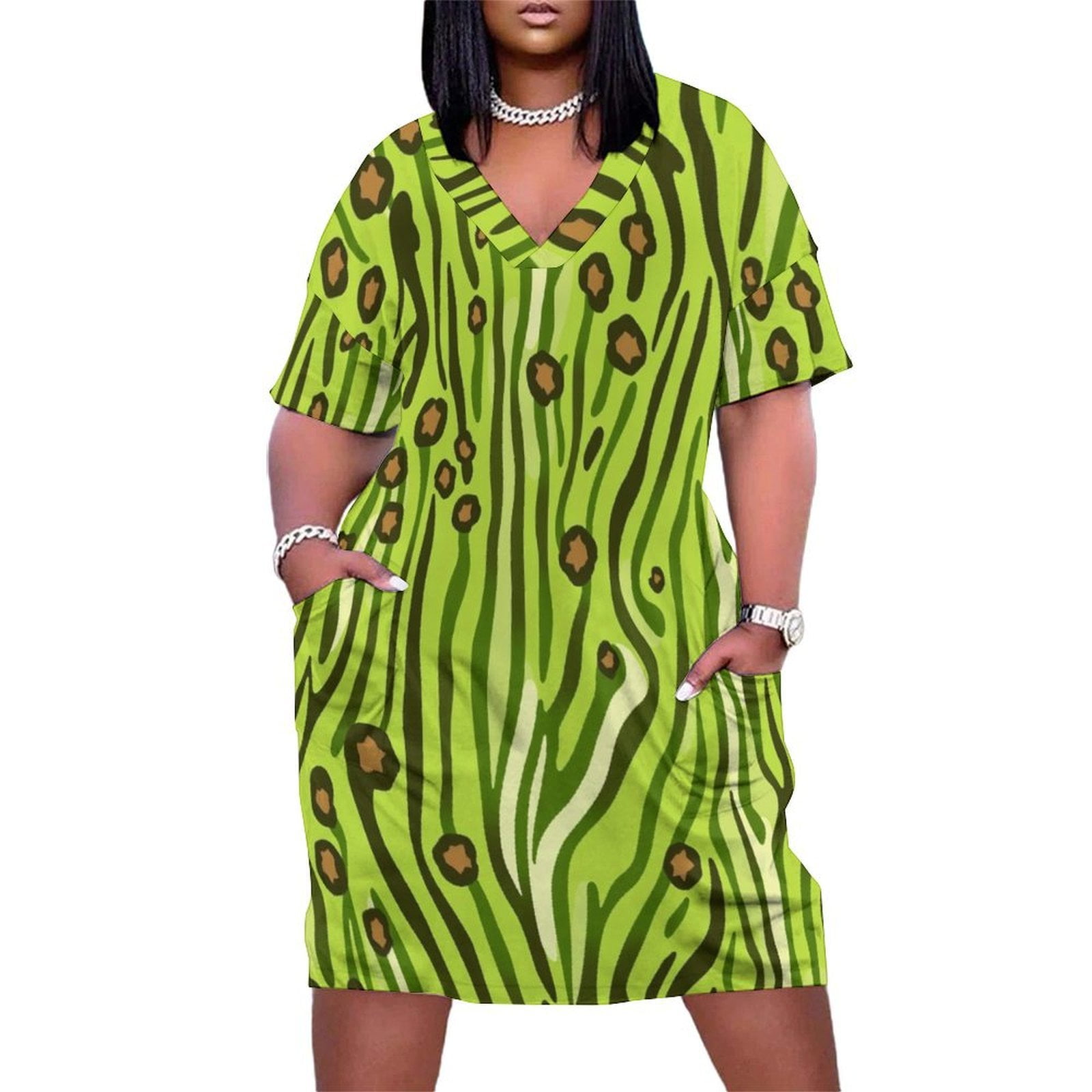 Loose Pocket Dress Green Zebra Pattern Dresses for Woman Dresses for ...