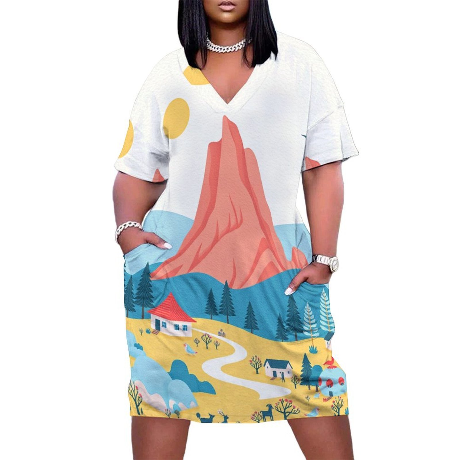 Loose Pocket Dress Mountain Village Scene Dresses for Woman Dresses for ...