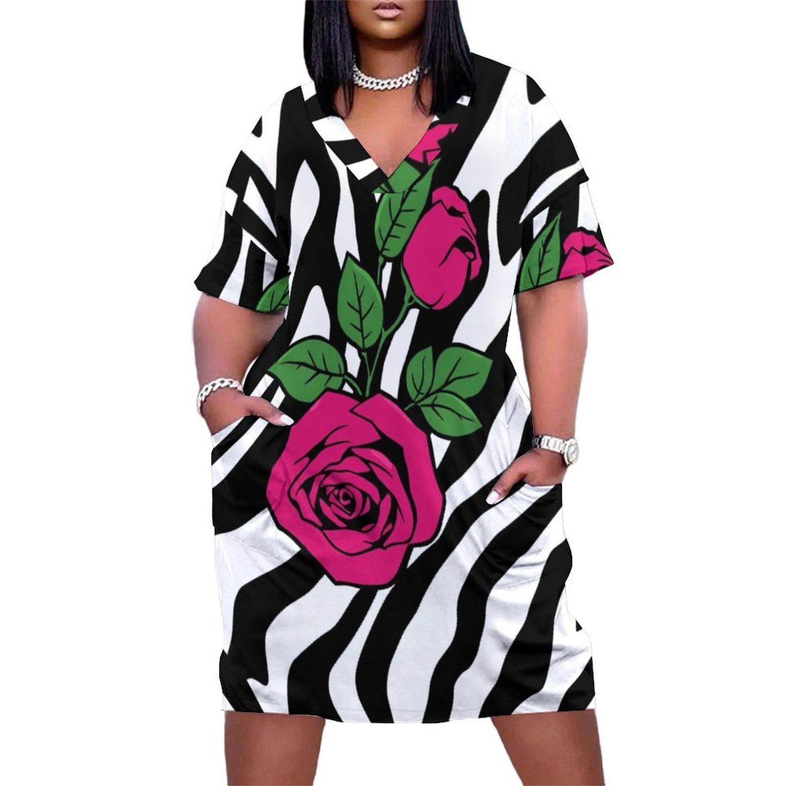 Loose Pocket Dress Rose And Zebra Print Pattern Dresses for Woman ...
