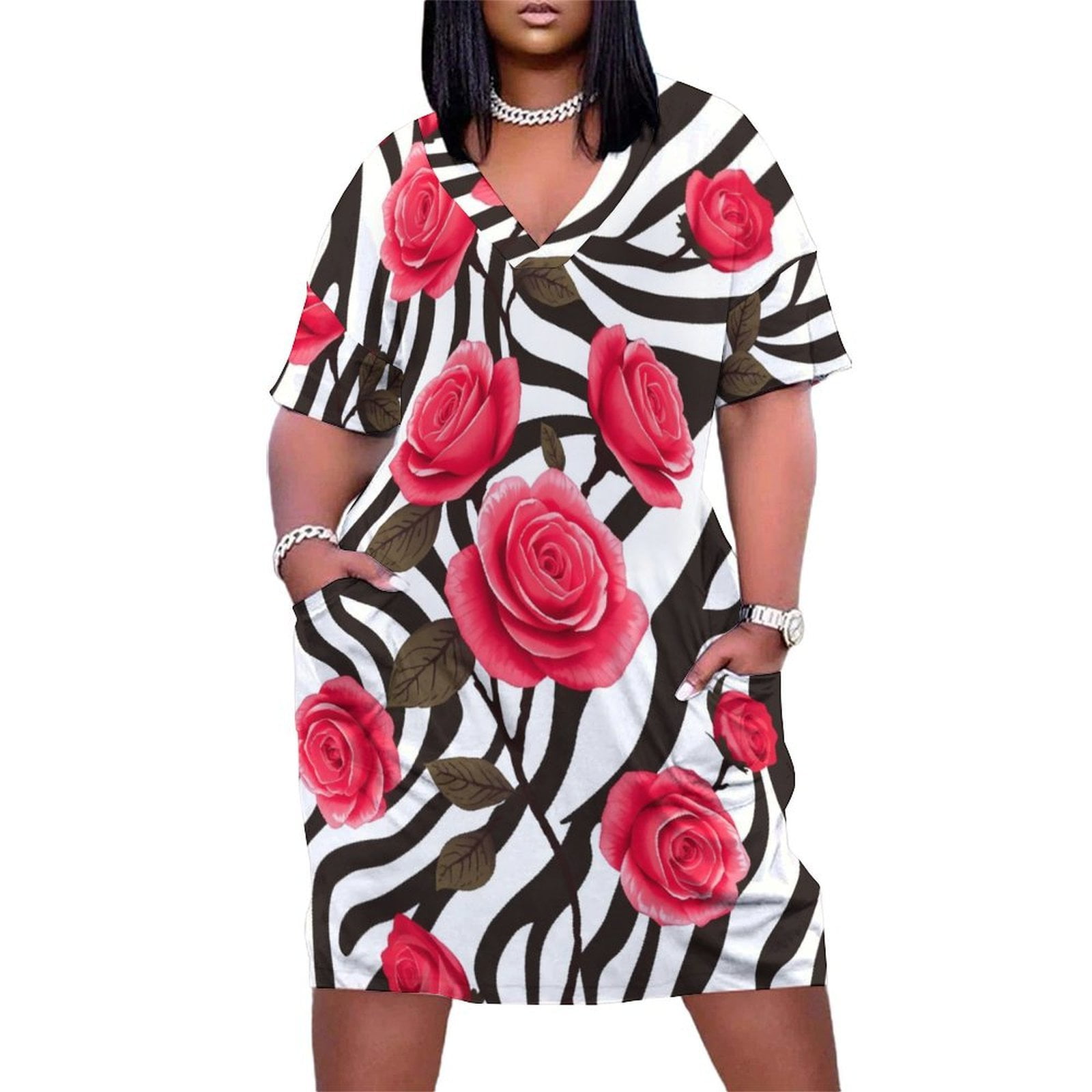 Loose Pocket Dress Rose And Zebra Print Pattern Dresses for Woman ...