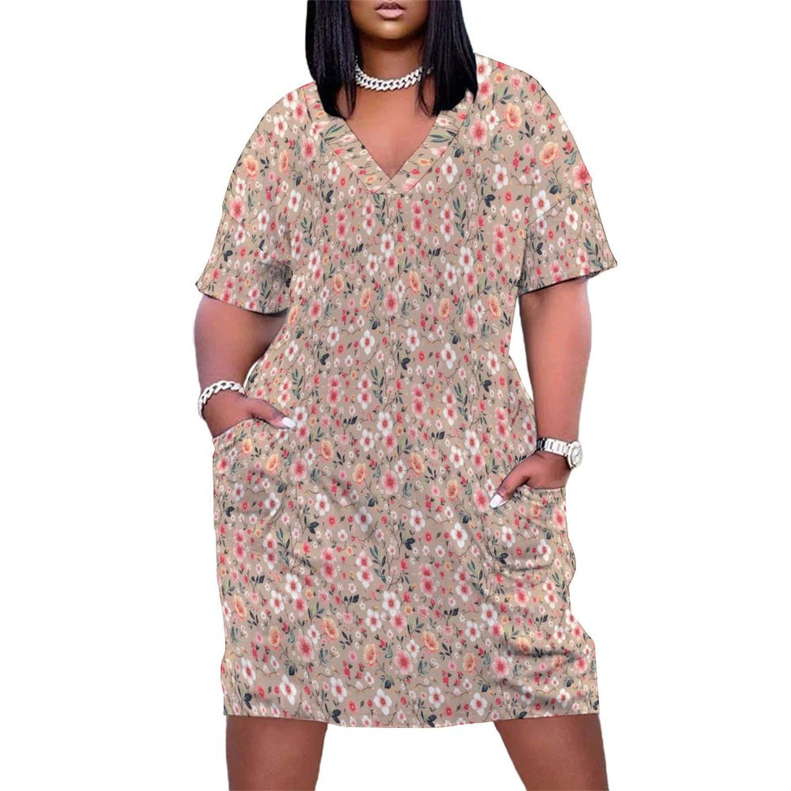 Loose Pocket Dress Seamless Flower Pattern Dresses for Woman Dresses ...