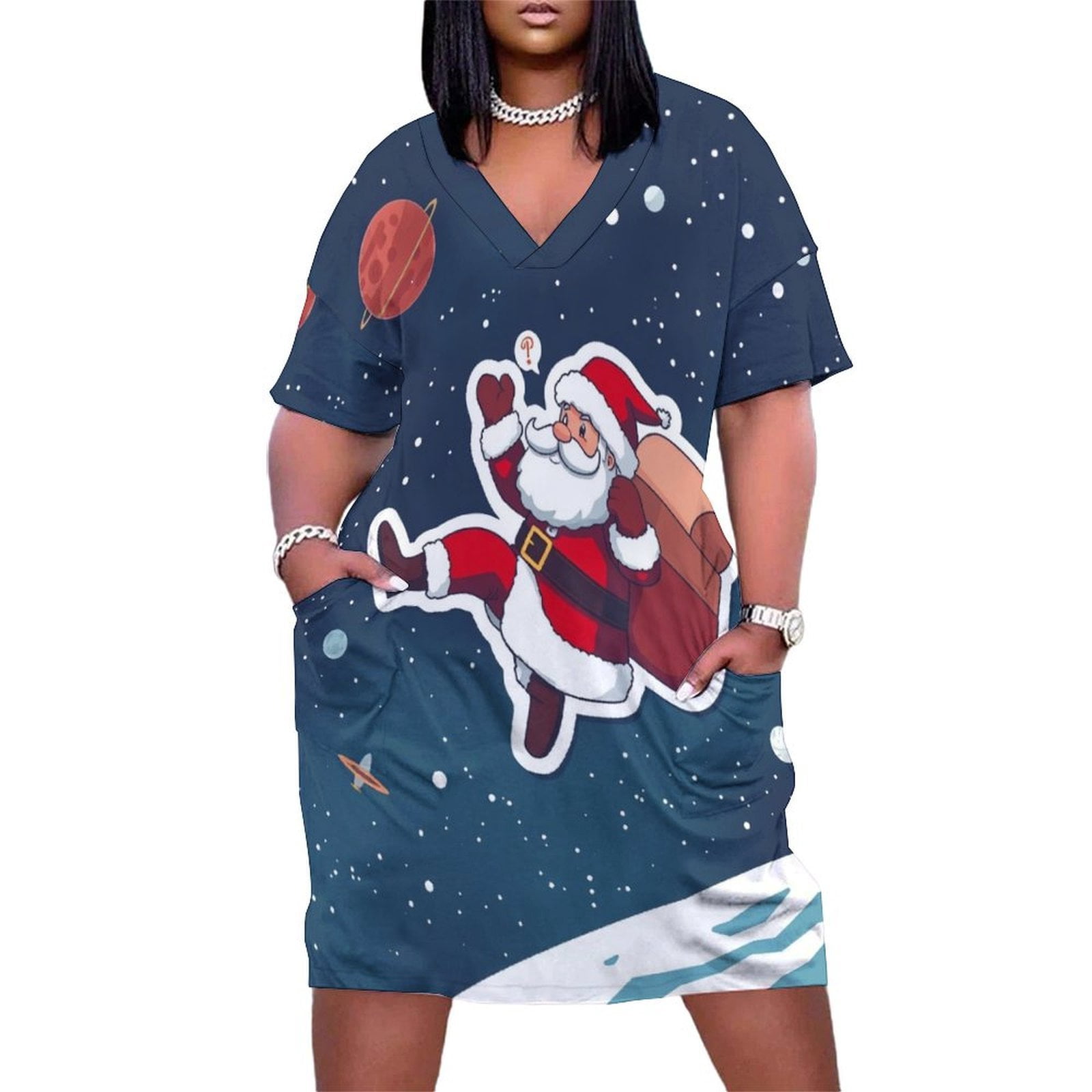 Loose Pocket Dress Space Santa Floats Down Dresses for Woman Dresses ...