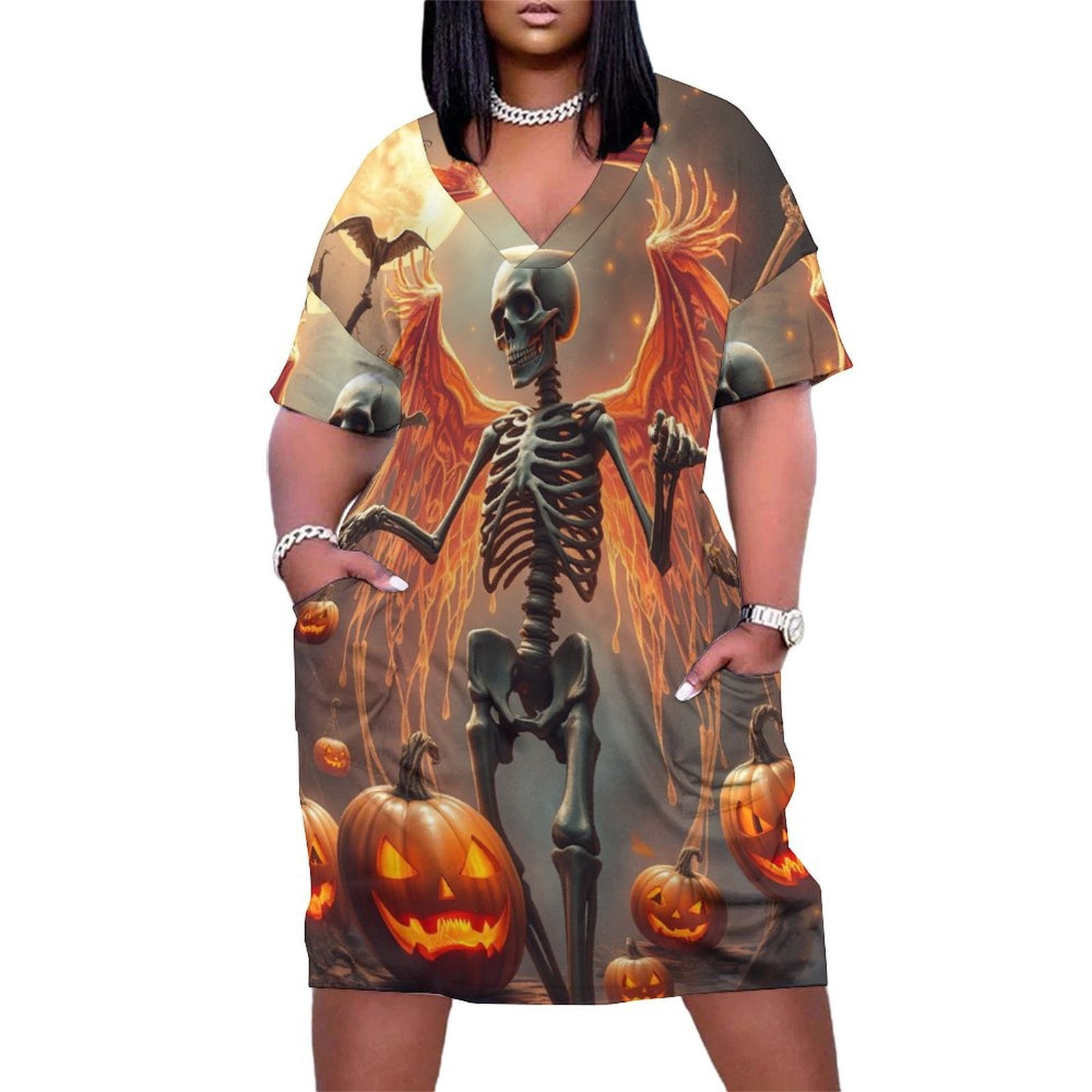 Loose Pocket Dress Spooky Skeleton Pumpkins Harvest Dresses for Woman ...