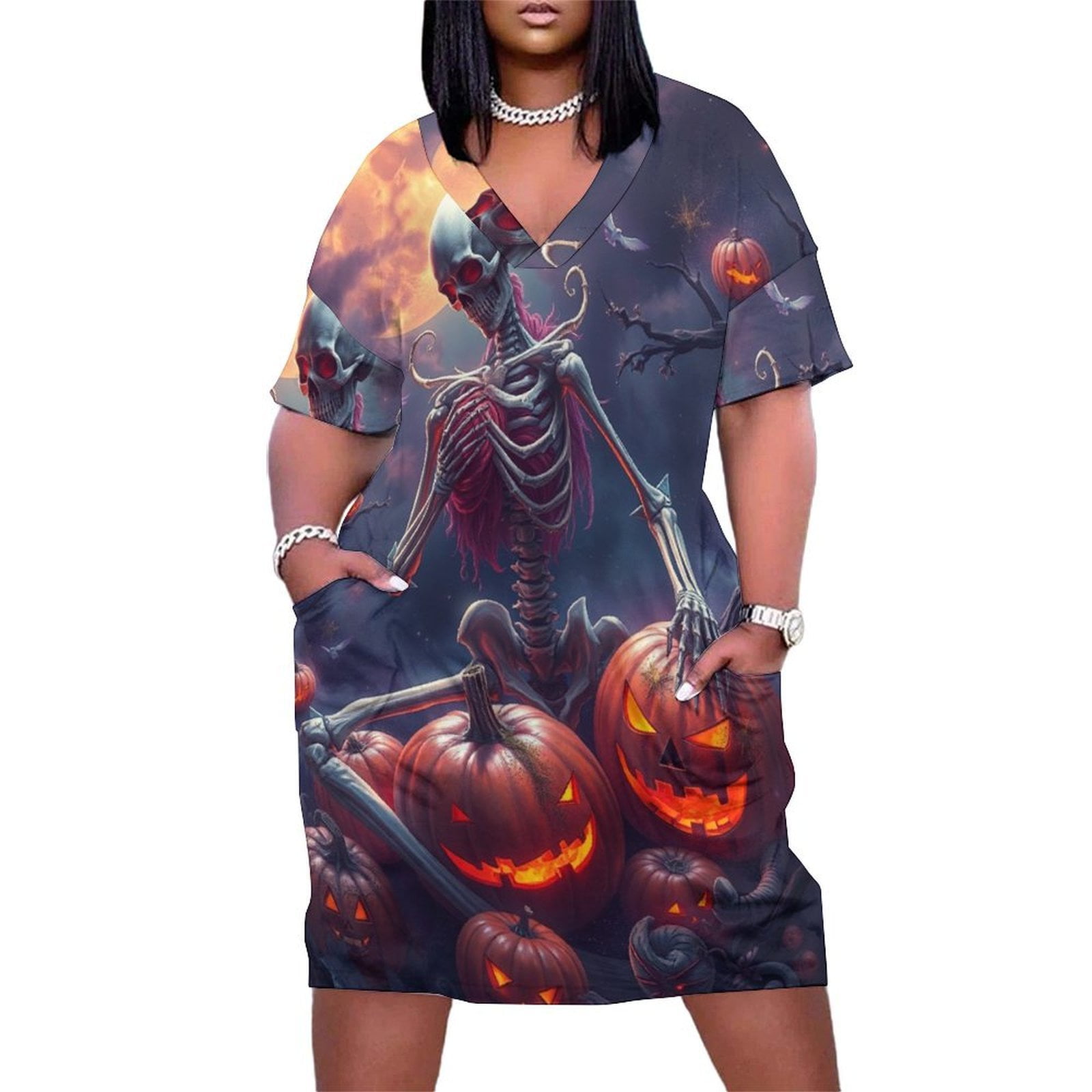 Loose Pocket Dress Spooky Skeleton Pumpkins Moon Dresses for Woman Dresses for Woman 2025 ...