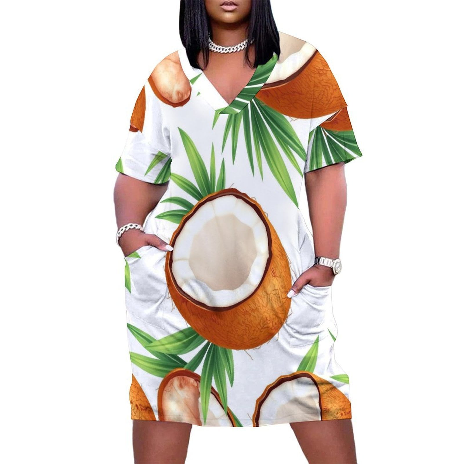 Loose Pocket Dress Tropical Coconut Pattern Dresses for Woman Dresses ...