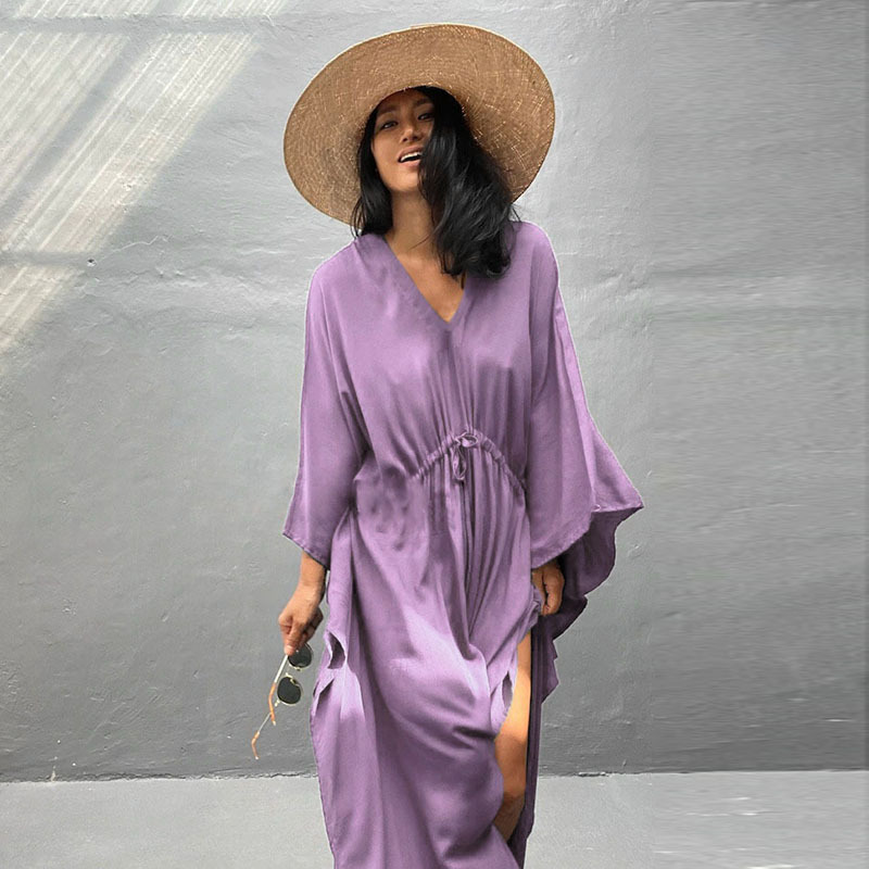 Loose Solid Drawstring waist Bikini Cover-ups Tunic Sexy V-neck ...