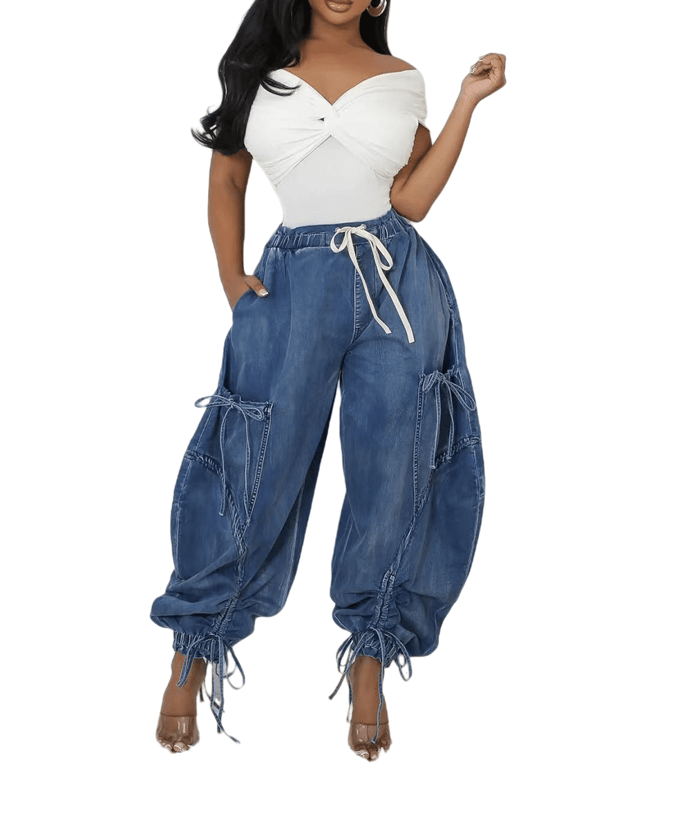 Loose Straight Leg Jeans With Drawstring Tie And Bow Detail - Walmart.com
