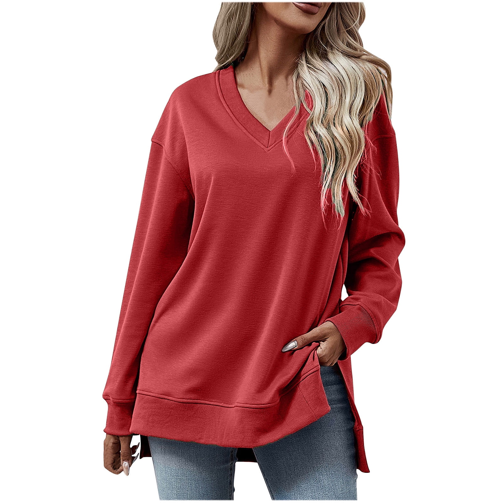 Loose Tunic Tops for Women Side Split Fashion Casual Fall V Neck Plain ...