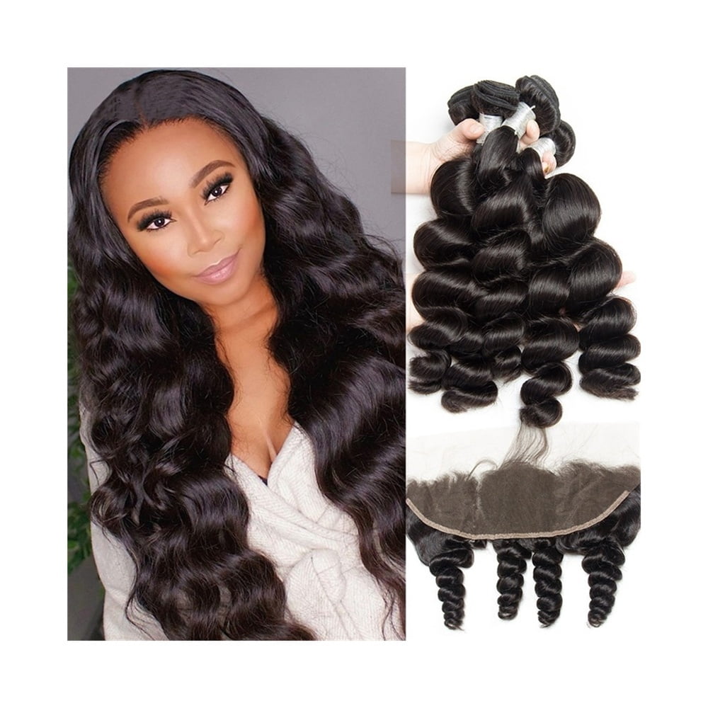 Loose Wave 3 Bundles with 13 x 4 Frontal Closure Peruvian Remy Human ...