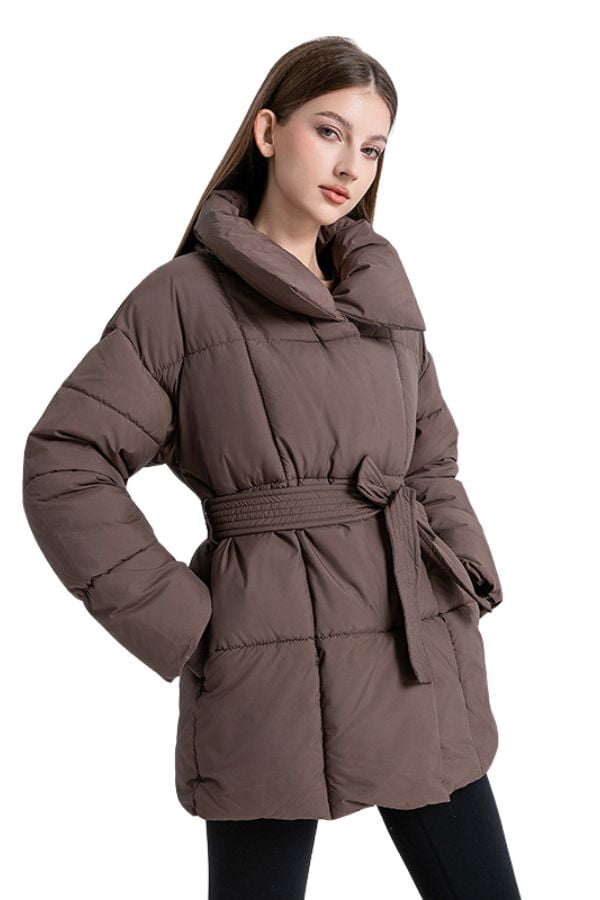 Loose waist jacket mid-length puffer Coat (M, Brown) - Walmart.com