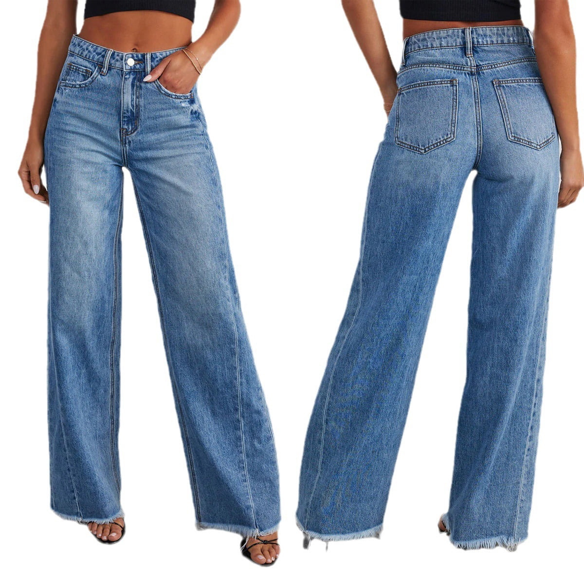 Loose wide leg side seam splicing edging hem jeans women - Walmart.com