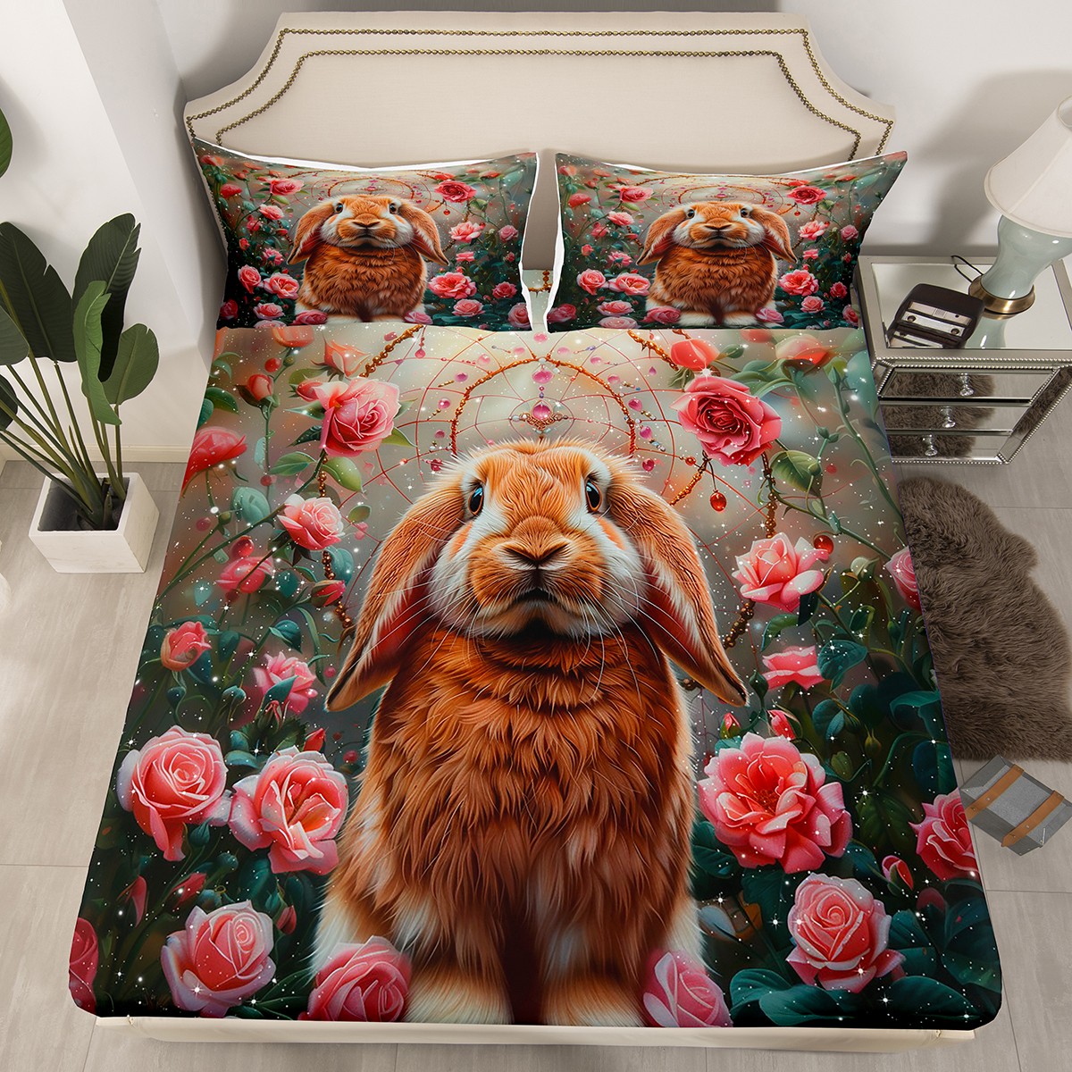Lop Rabbit Fitted Sheet Dream Catcher Bed Sheets Full,Pink Rose Flowers ...