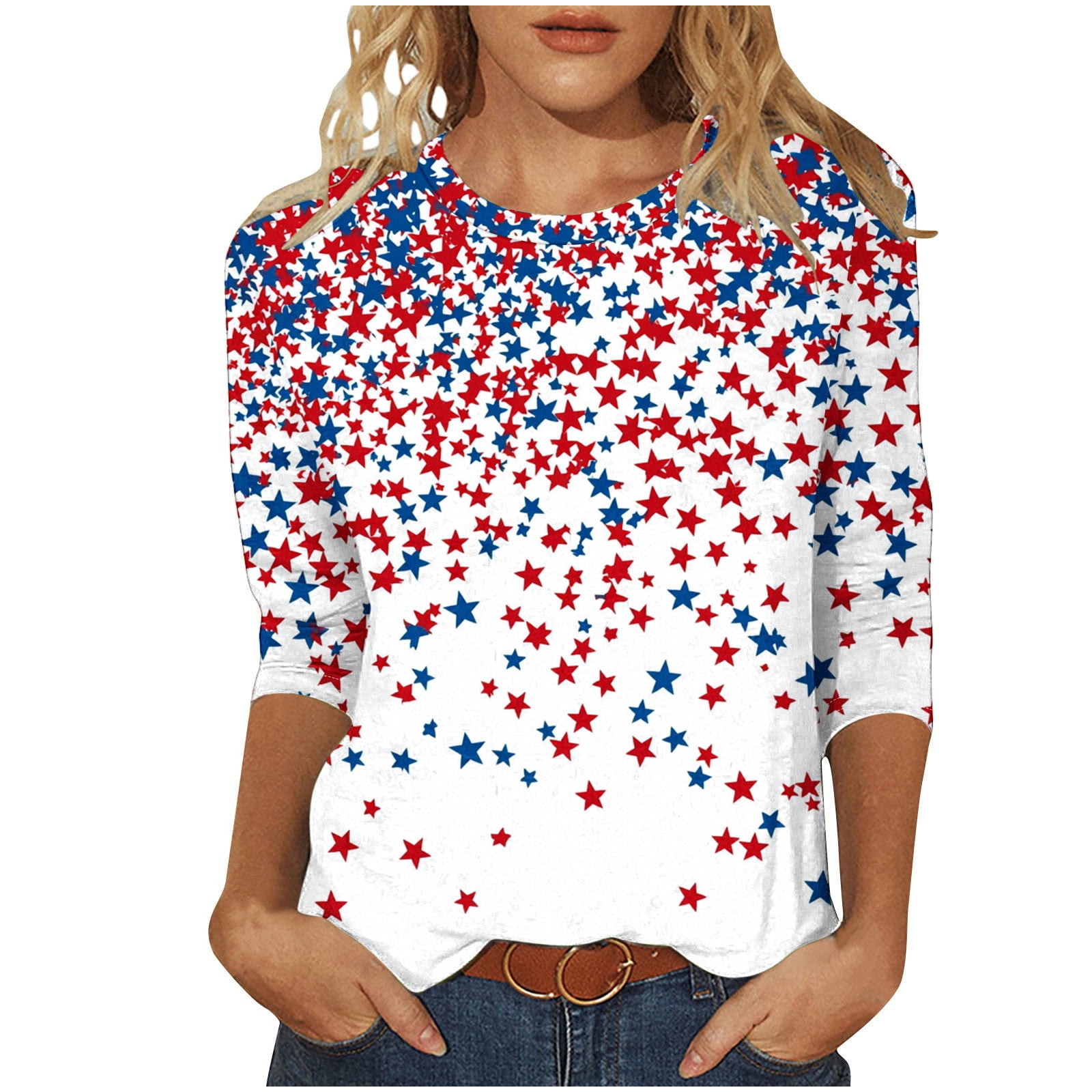 Lopeceal Women Patriotic Top Red White Blue Shirt 3/4 Sleeve Plus Size ...