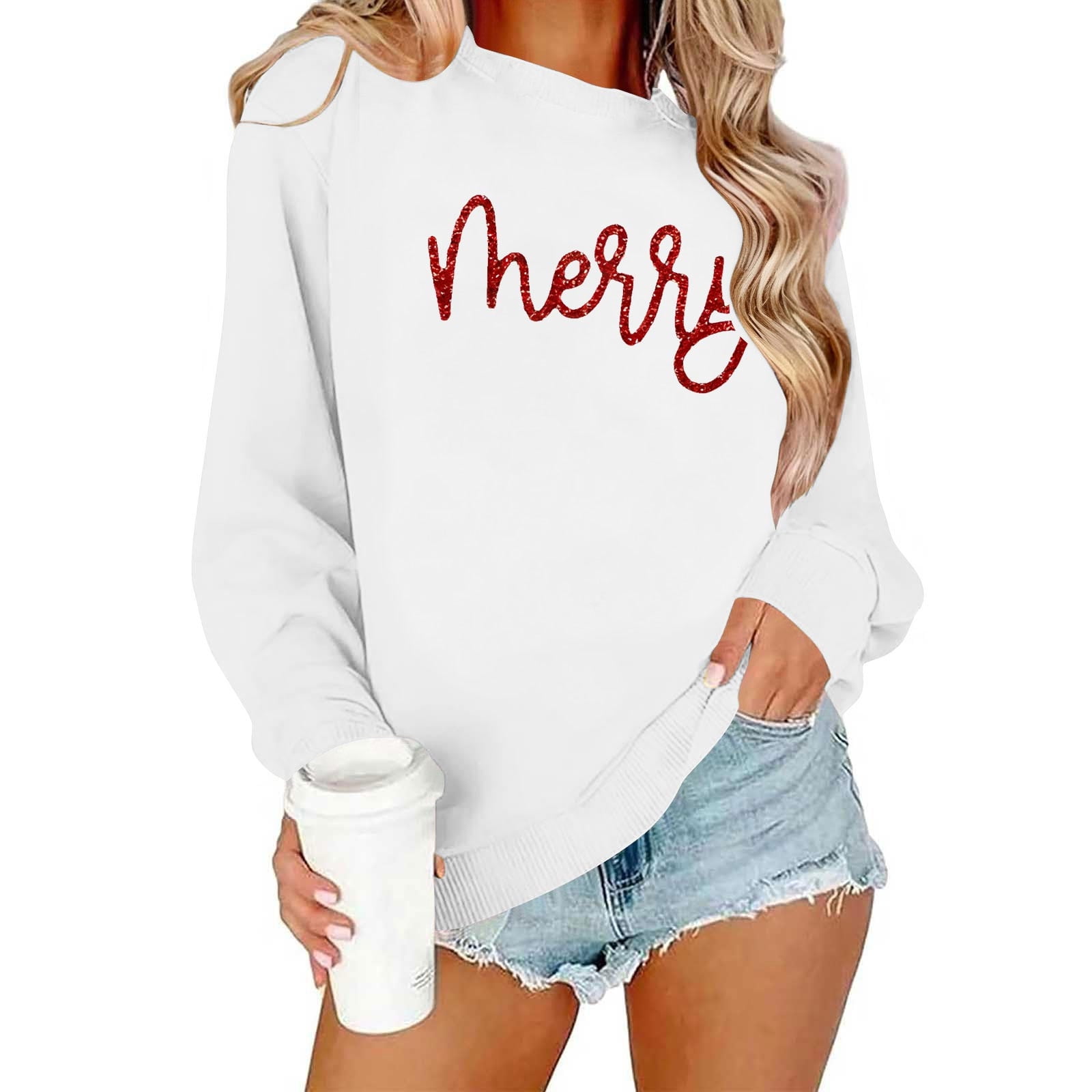 Lopecy-Sta Long Sleeve Tops for Women Merry Christmas Shirt Xmas Round ...