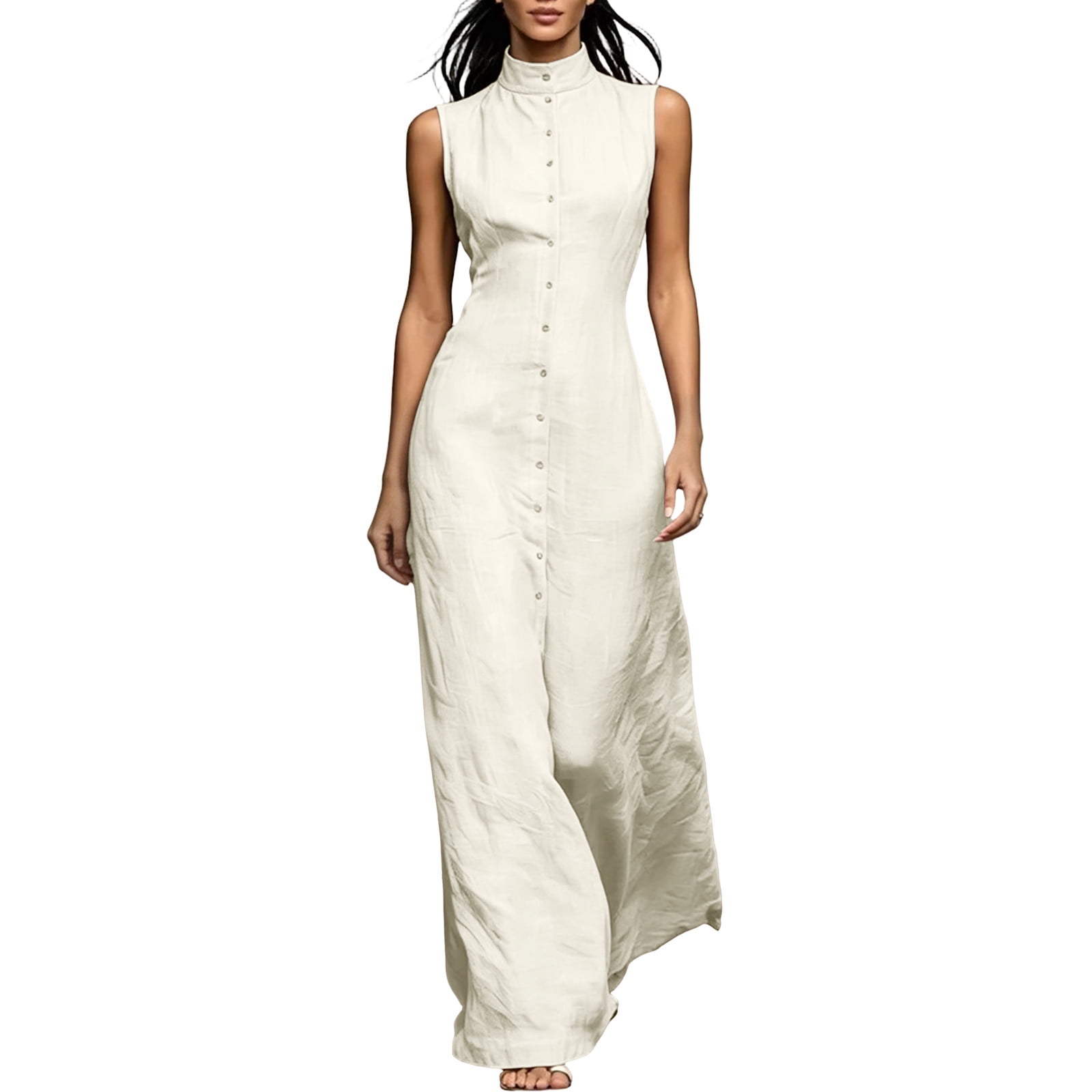 Lopecy-Sta Maxi Dress for Women Solid Mandarin Collar Sleeveless ...