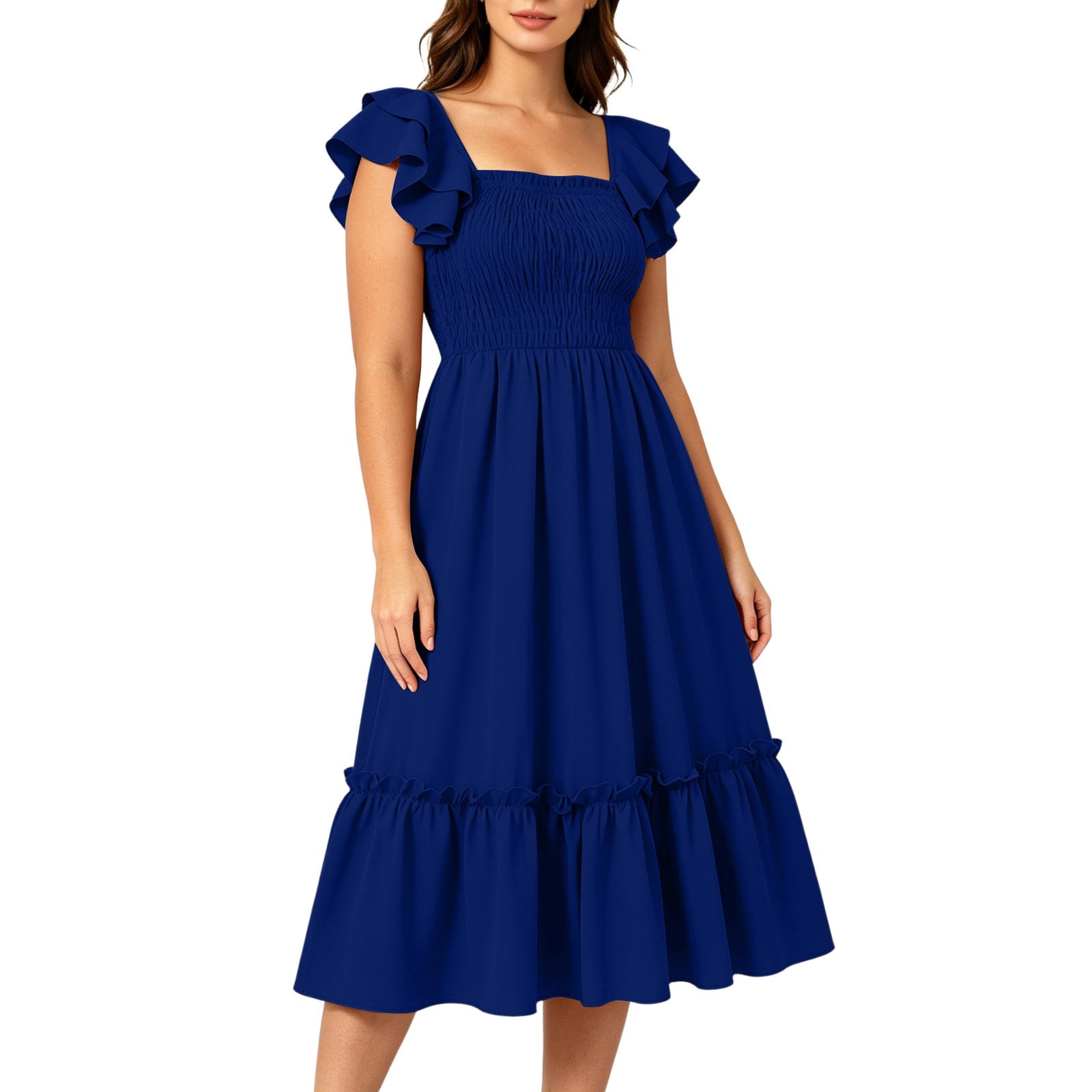 Lopecy-Sta Women’s Midi Dress Smocked Square Neck Ruffle Sleeve Tiered ...
