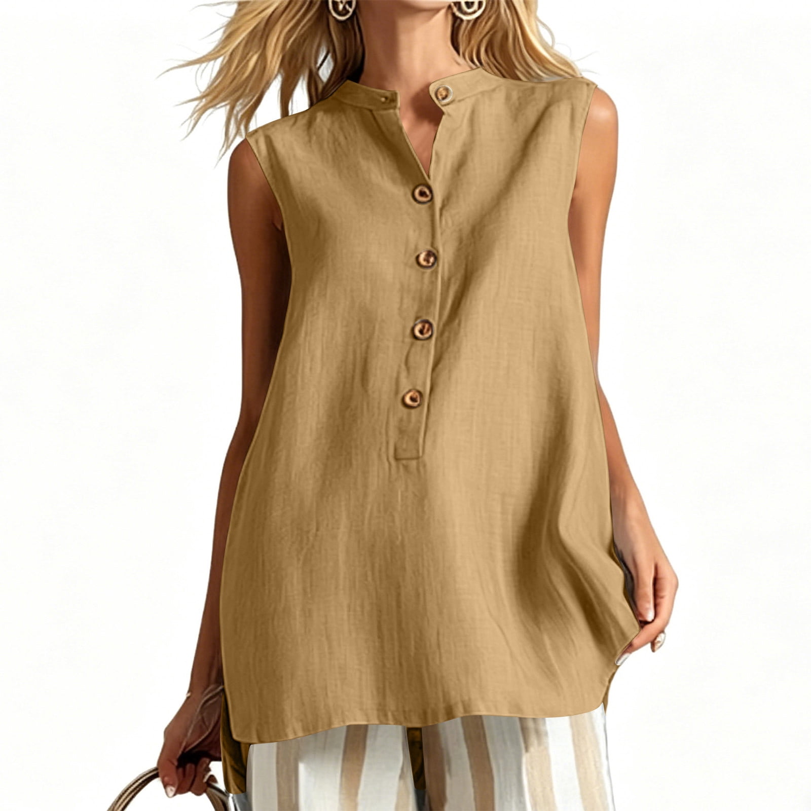 Lopecy-Sta Womens Blouse Stand Collar Sleeveless Button Linen-Like ...