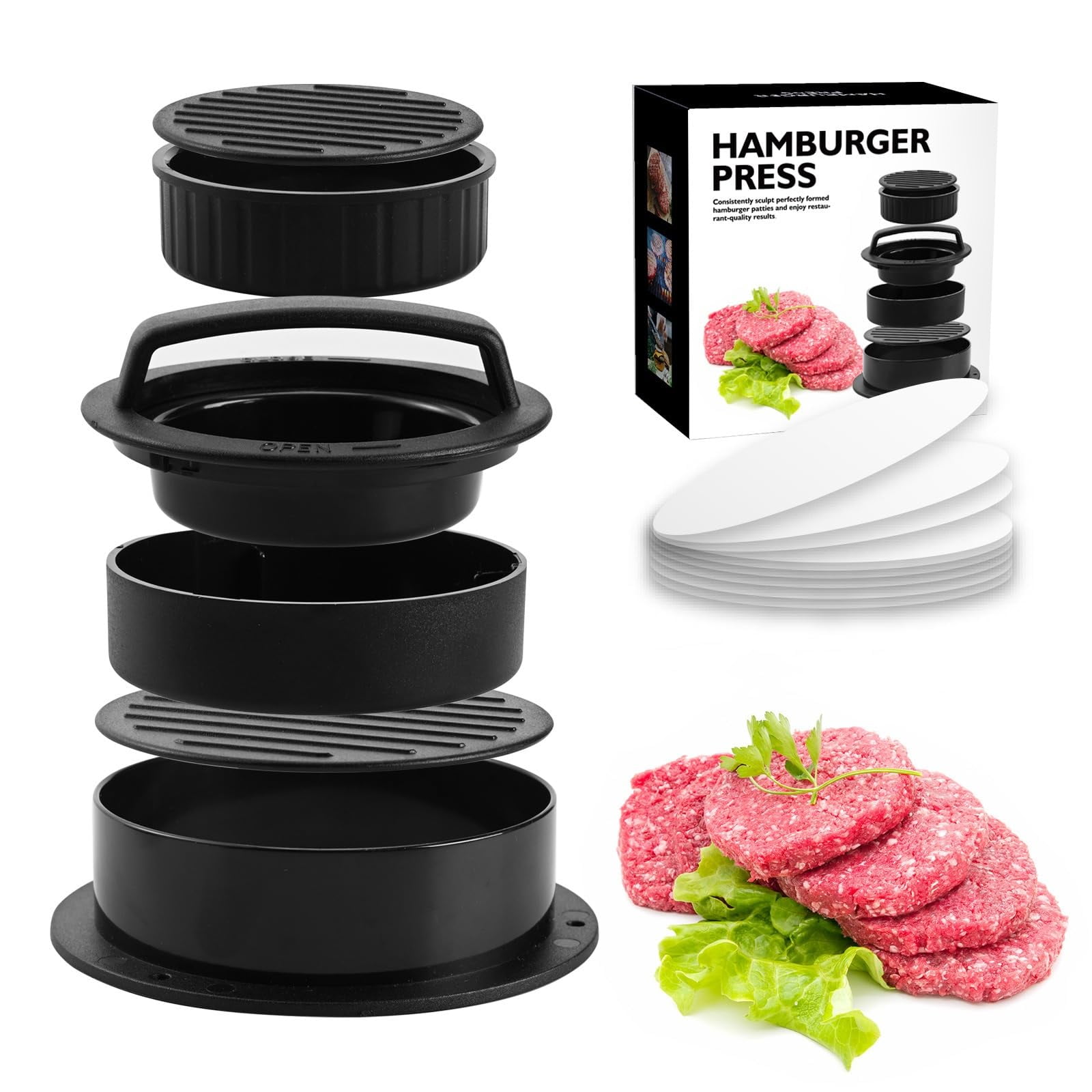 Lopxenu 3 in 1 Non-Stick Hamburger Patty Maker with 100PCS Patty Paper ...