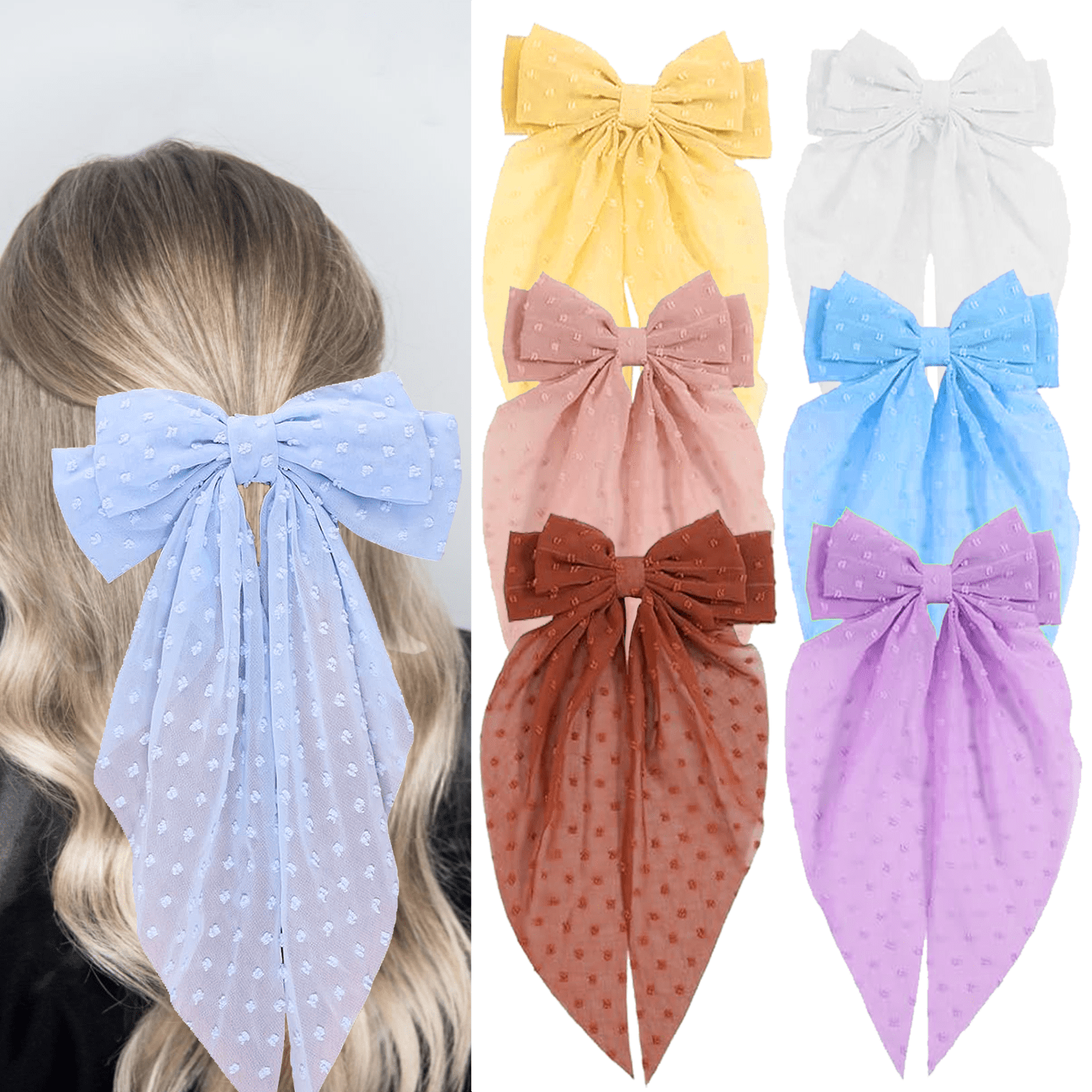 Loqpol 6 PCS Chiffon Hair Bows, Oversized Long Tail Bows with Barrette ...
