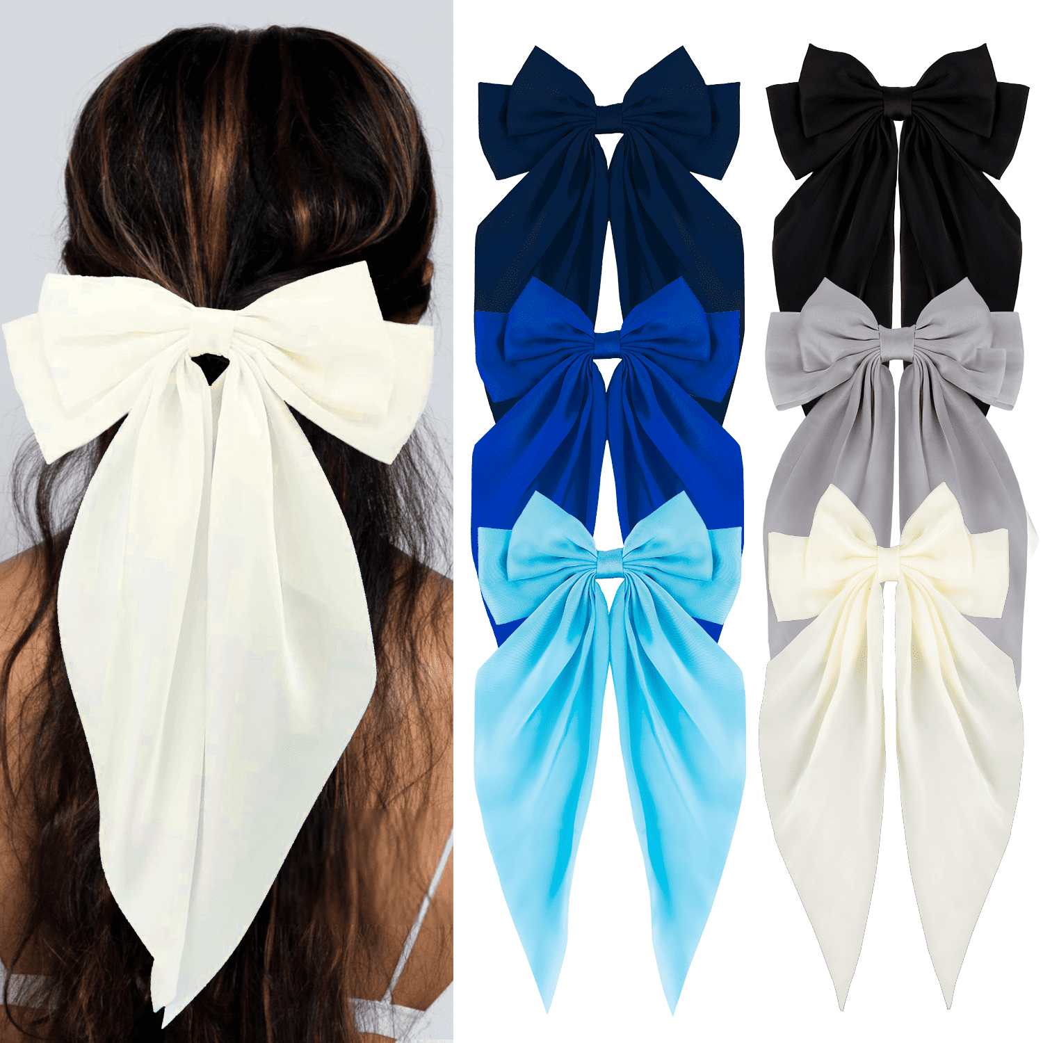 Loqpol 6 PCS Silky Satin Hair Bows, Oversized Long Tail Bows with ...