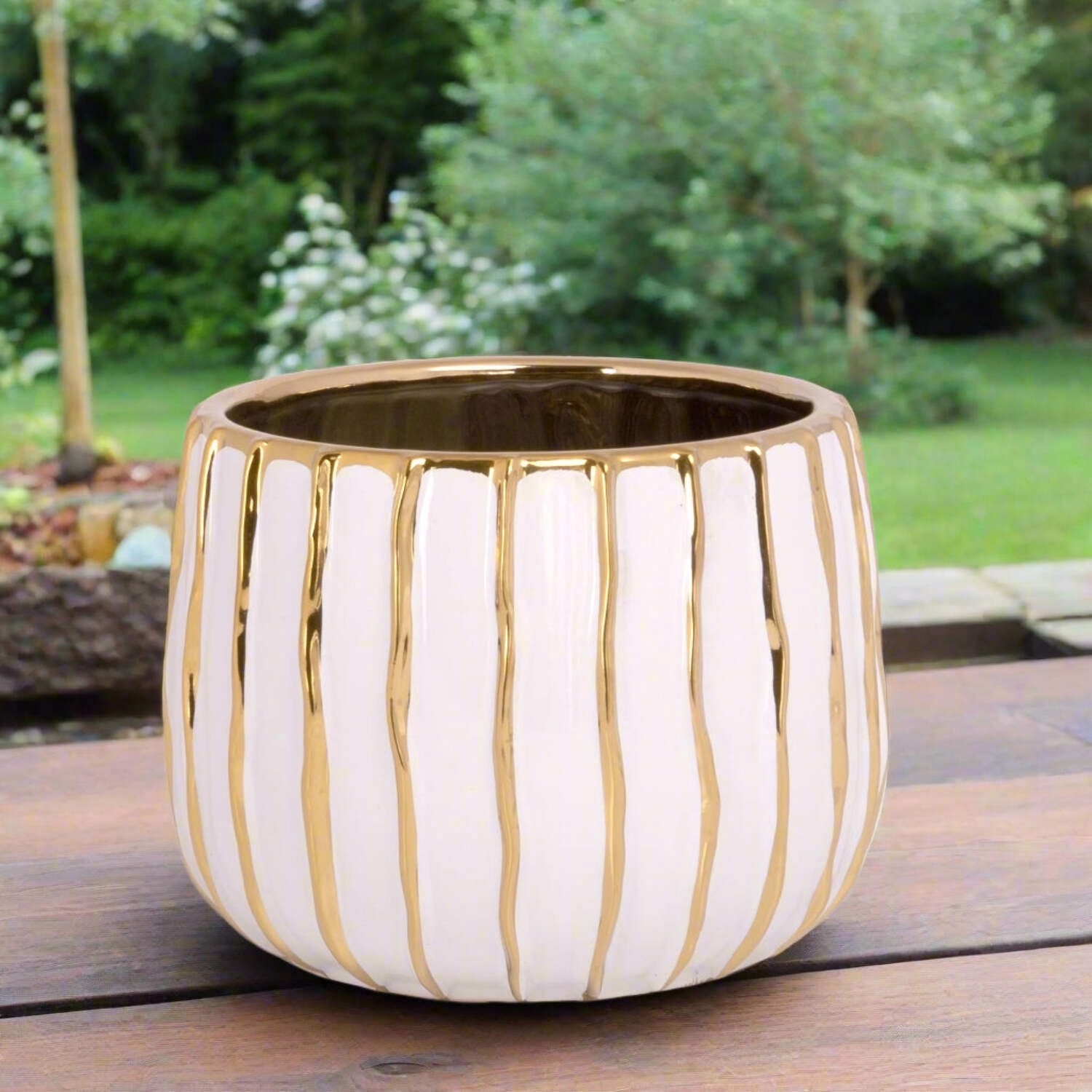 Lorcette Ceramic Striped Gold Planter - Walmart.com