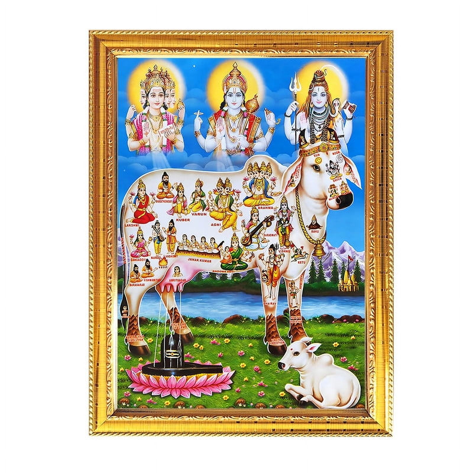 Lord Brahma, Bishnoo and Mahesh With Cow Golden Photo Frame for Pooja ...