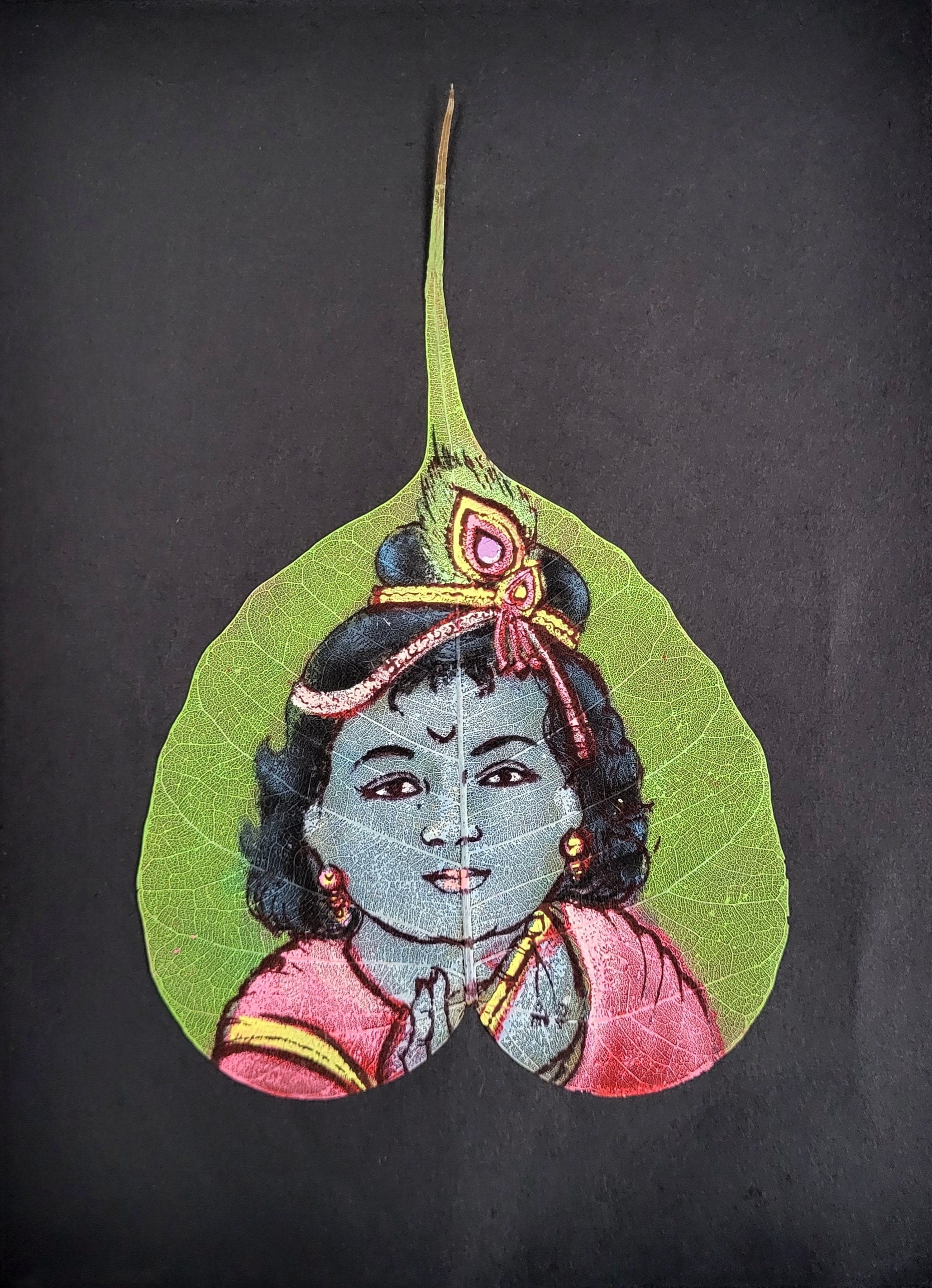 Lord Krishna Handmade Indian Leaf Painting - Pipal Leaf Art (9*6.5 inch ...