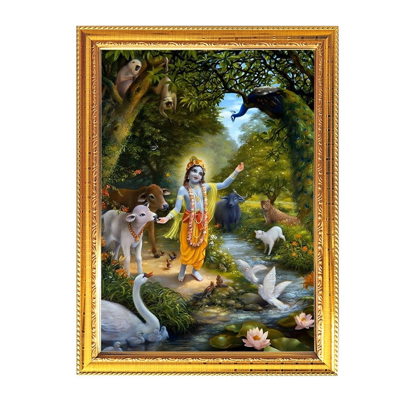 Lord Krishna In Forest Golden Photo Frame for Pooja Indian with a ...