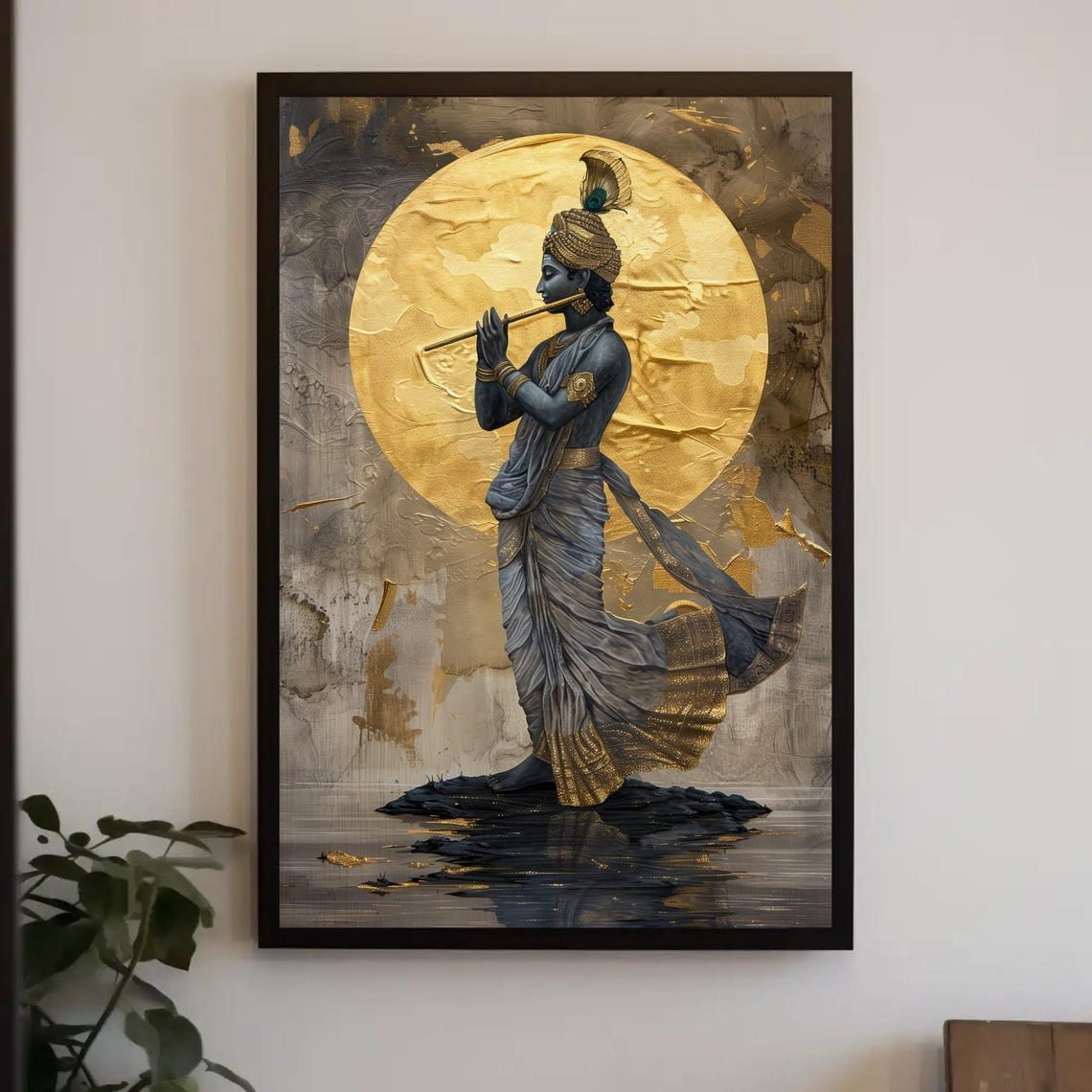 Lord Krishna Playing Flute Under Golden Moon Canvas Painting - Hindu ...