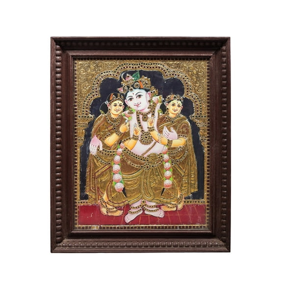 Lord Krishna With Rukmini And Satyabhama Tanjore Painting | Traditional Colors With 24K Gold ...