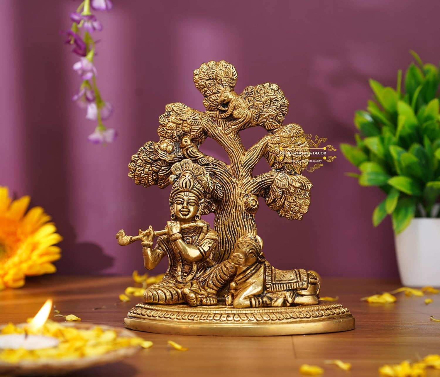 Lord Krishna Sitting under a tree playing flute with cow brass made ...