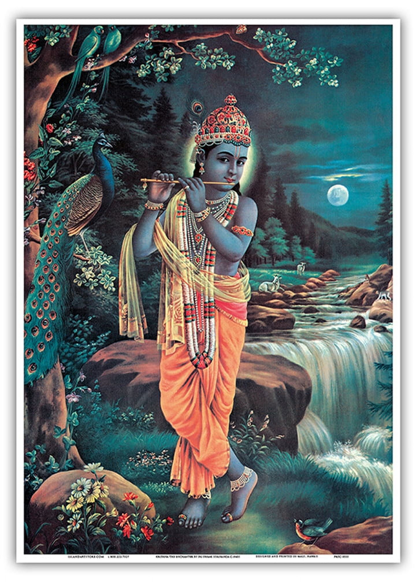 Lord Krishna The Enchanter - God of Love Playing his Flute - Vintage Religious Art c.1940s ...