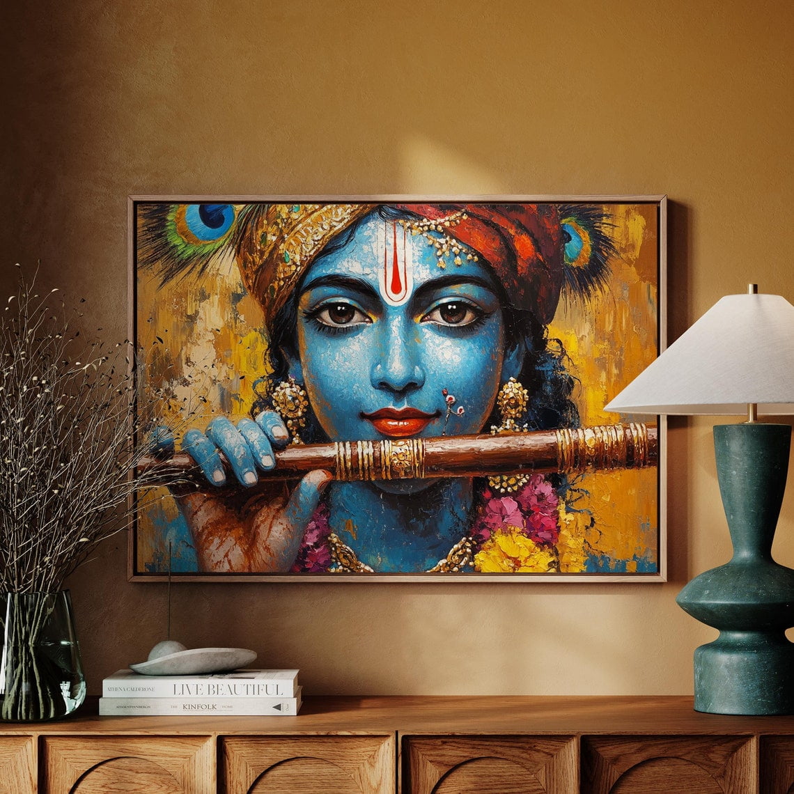Lord Krishna Wall Art Print – Vibrant Blue Krishna With Flute And ...