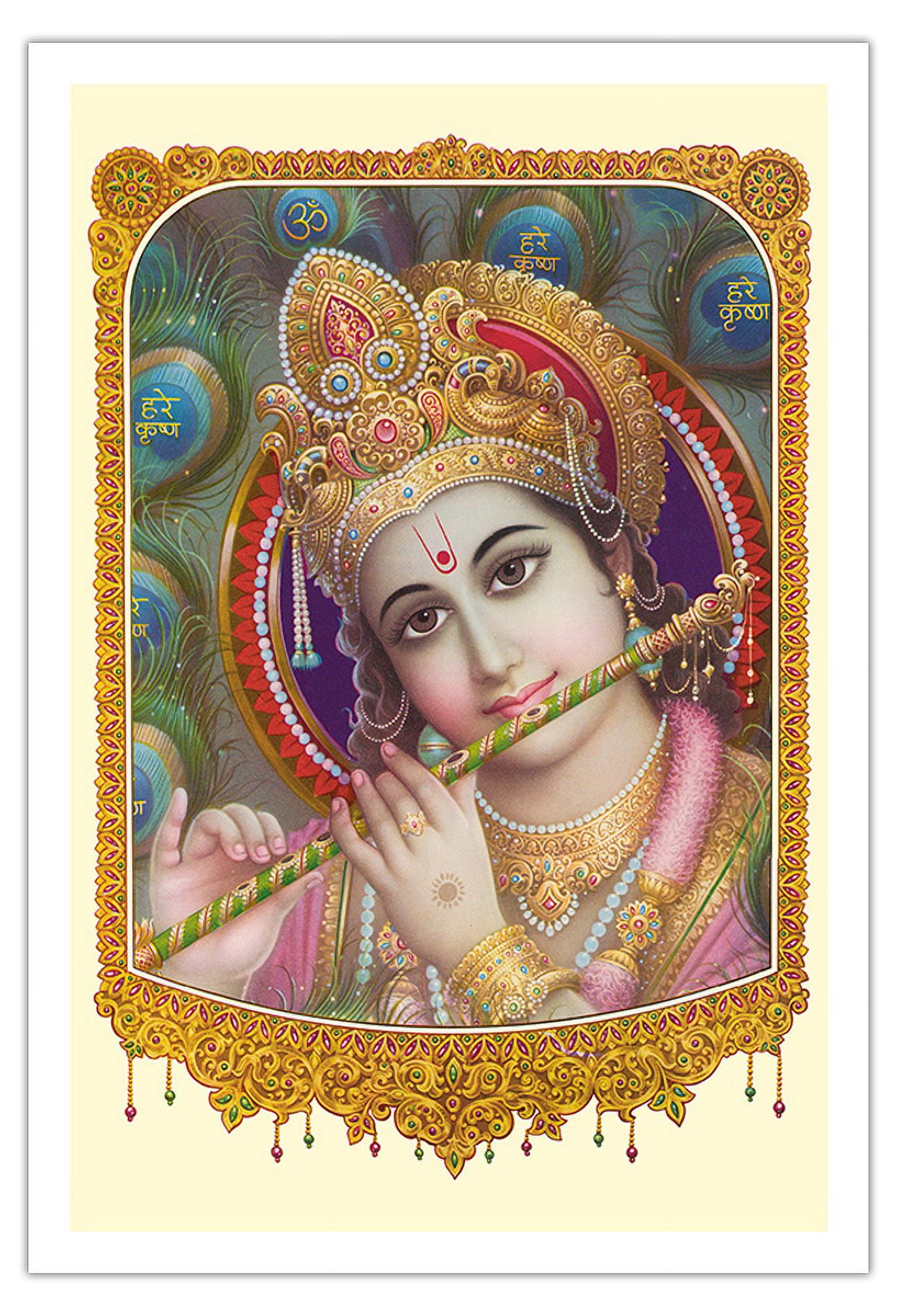 Lord Krishna With Flute - India Hindu Deity - Vintage Religious Art ...