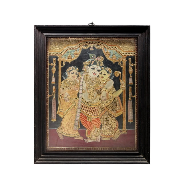 Lord Krishna With Rukmini And Satyabhama Tanjore Painting | Traditional Colors With 24K Gold ...
