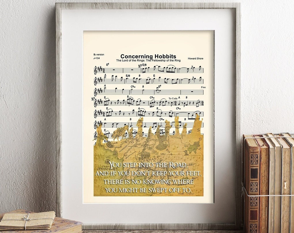 Lord Of The Rings Map Silhouette Quote Sheet Music Art Print ,Decor For ...