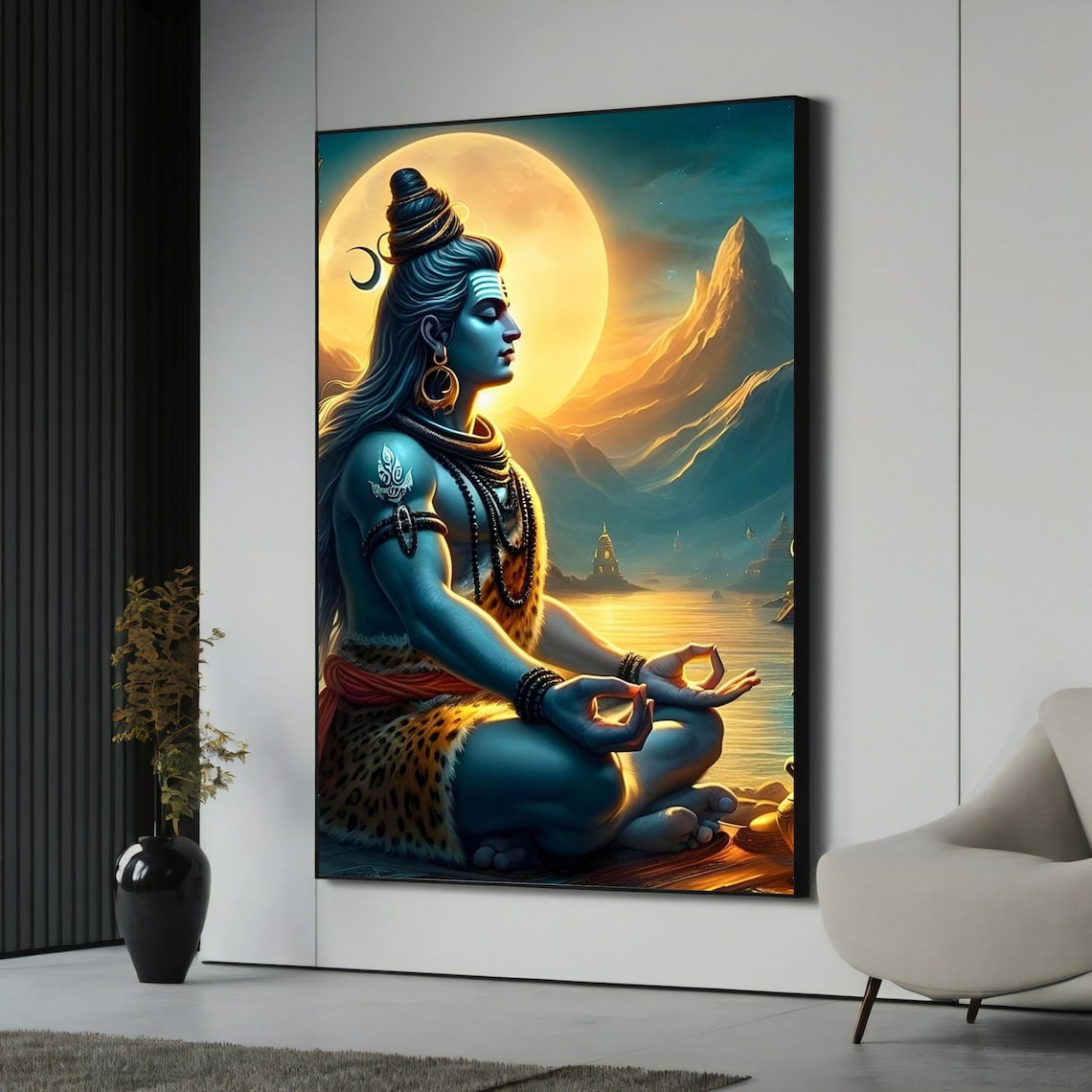 Lord Shiva Meditating In The Moonlight Canvas Painting – Sacred Hindu ...