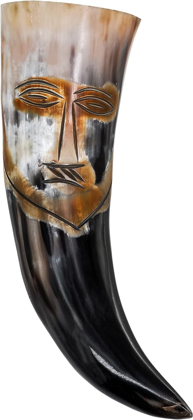 Lord of Battles Viking Drinking Horn Engraved Tribal Face Handmade Real ...