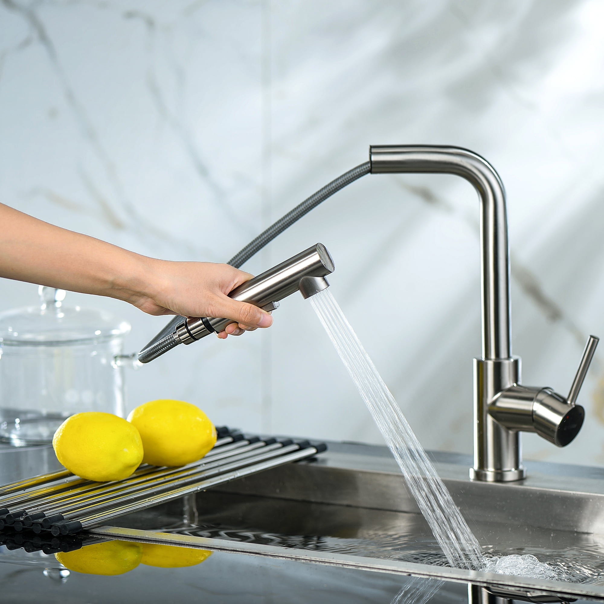 Lordear 3 Modes Pull-Down L-Shaped Single Handle Brushed Nickel Kitchen ...