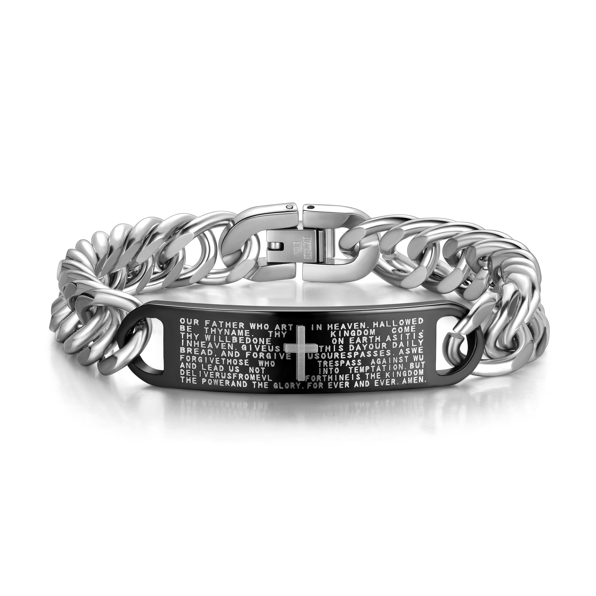 Lords Prayer Cross Bracelet for Men Women Stainless Steel Cuban Chain ...