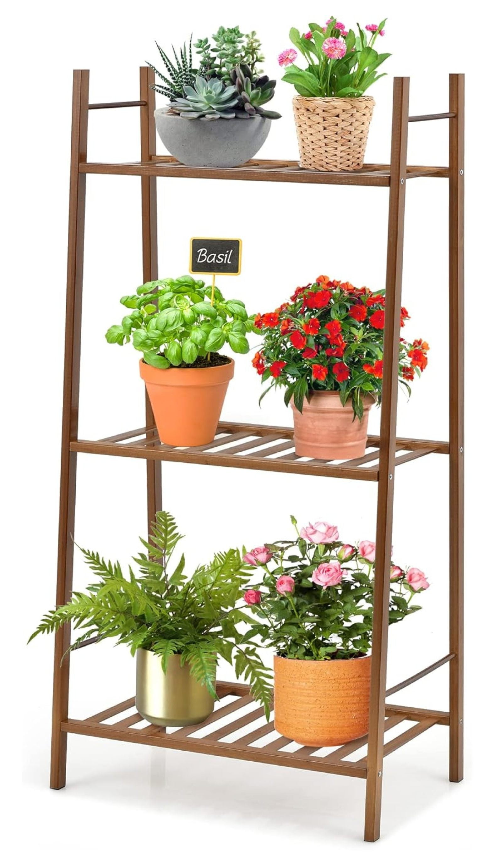 Lorelia 3 Tier Ladder Shelf, Bamboo Plant Stand Indoor Outdoor ...