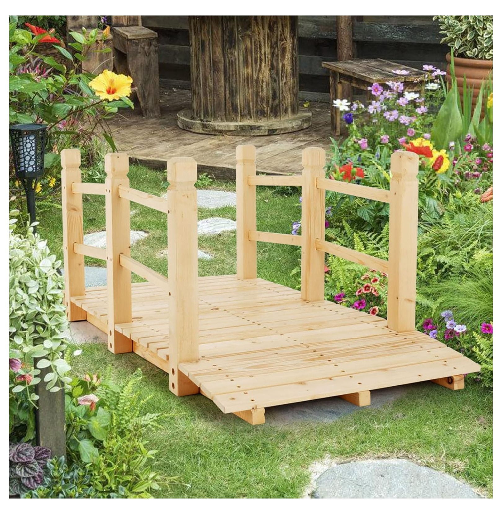 Lorelia 5 ft Garden Bridge - Natural Wood Arc Footbridge Walkway with ...