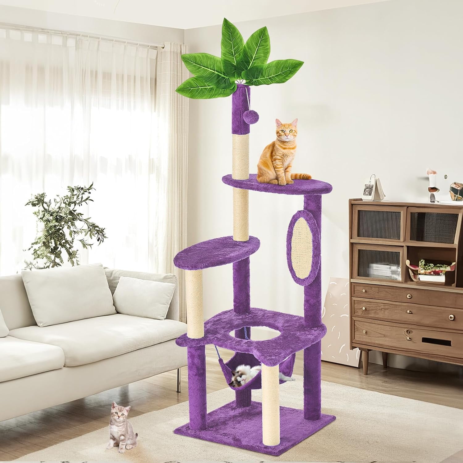 Lorelia 61" Large Cat Tree Tower for Indoor Cats with DIY Green Leaves ...