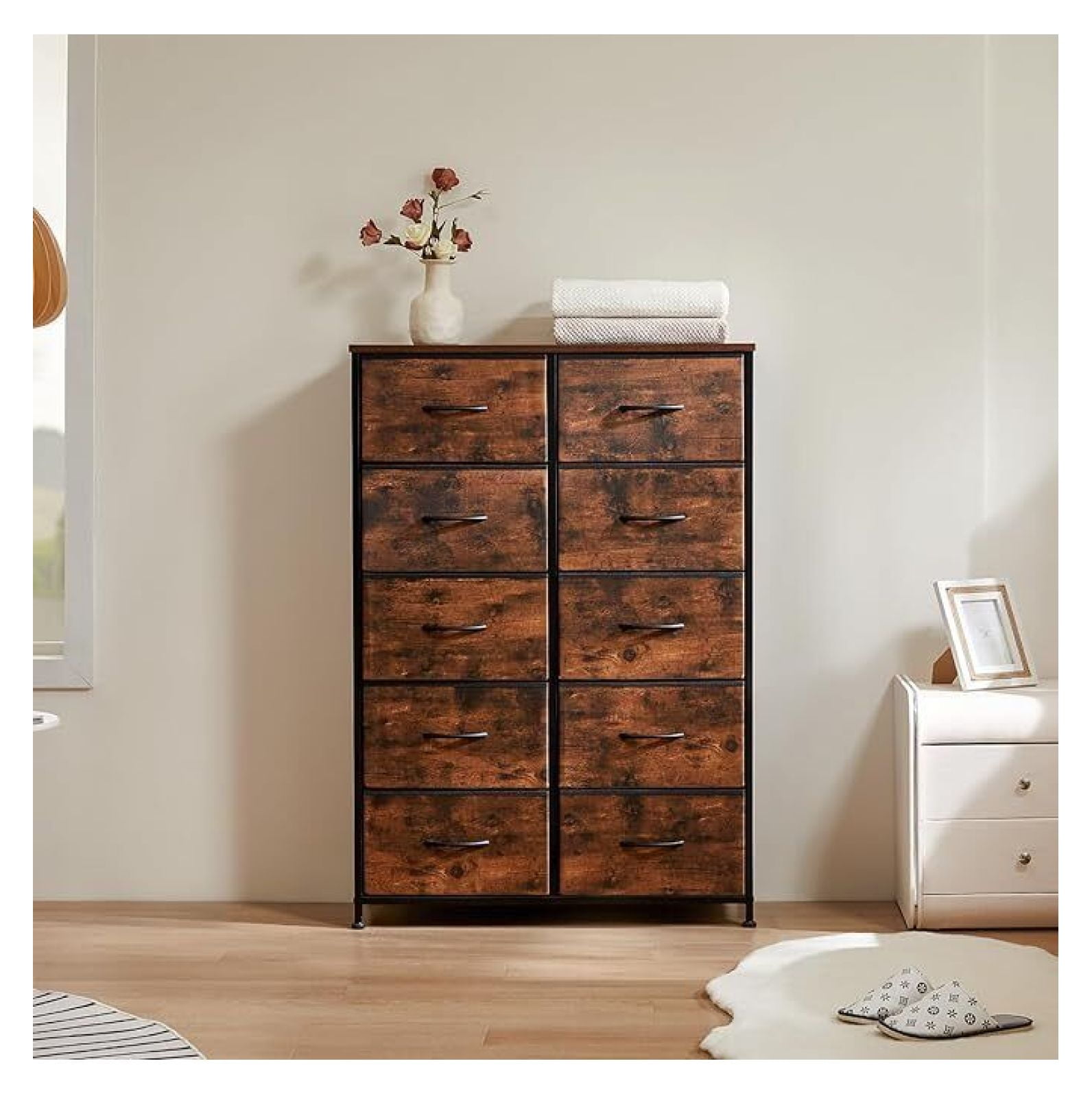 Lorelia Chest of Drawers 10 Fabric Bins TV Stand Tall Dresser Organizer ...