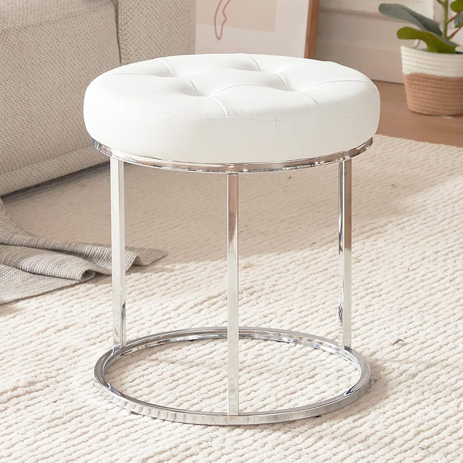 Lorelia Faux Leather Ottoman Stool, Vanity Chair Button Tufted Footrest ...