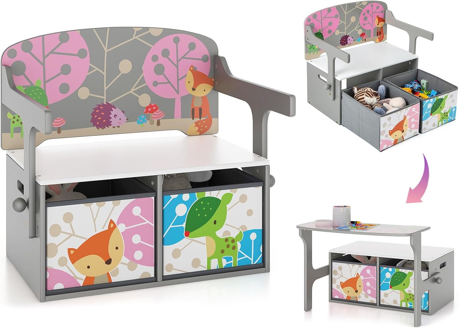 Lorelia Kids Table and Chair Set, 3-in-1 Convertible Wooden Toy Storage ...
