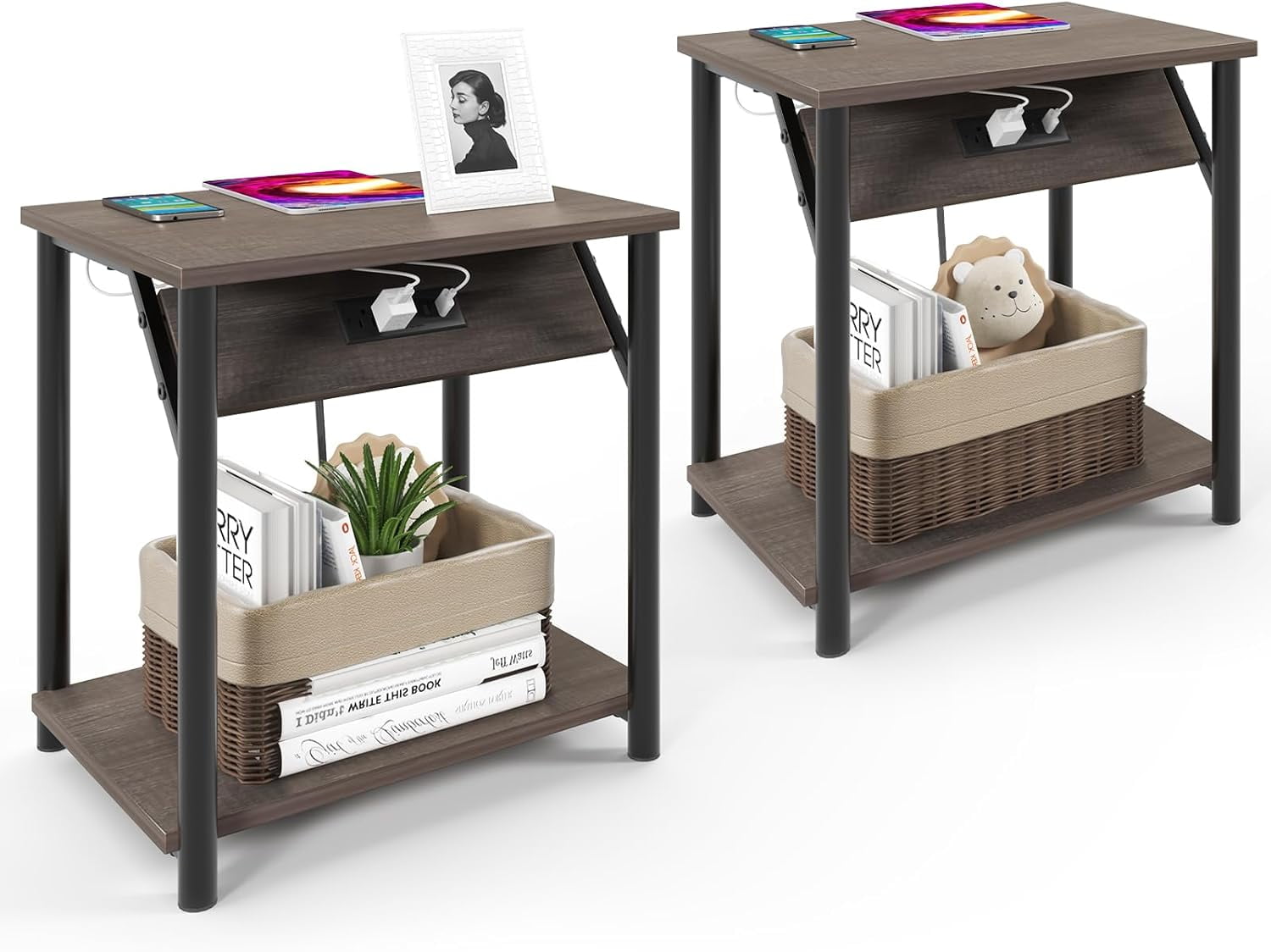 Lorelia Nightstands Set of 2, Small End Tables with Charging Station ...